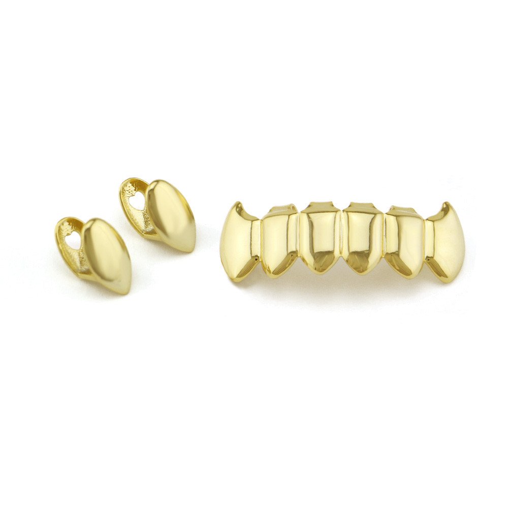 LuReen 14k Gold 2pc Vampire Fangs Single Top and 6 Shiny Bottom Grills Teeth Combo