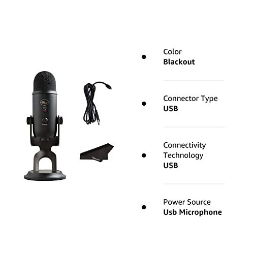 Newest Blue Yeti USB Microphone with 4 Pickup Patterns, 3 Condenser Capsules, Mic Gain Control & Adjustable Stand for Gaming, Streaming, Podcasting on PC & Mac, Blackout with GalliumPi Accessories
