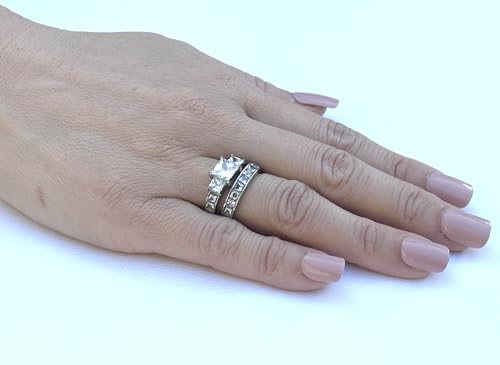 Lanyjewelry Three Stone 6mm Princess CZ Stainless Steel Wedding Ring Set- Size 7