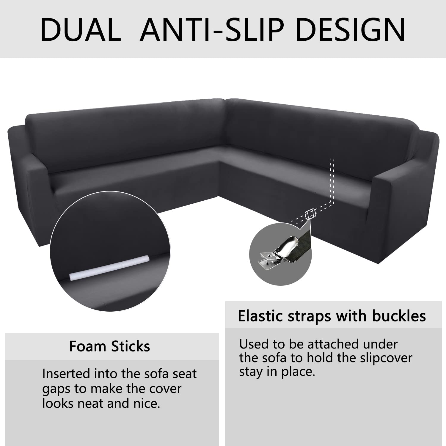 ROFASVCO Corner Sectional Couch Covers L Shape Sofa Cover Set Soft Stretch U Shaped Sectional Slipcovers for Dogs Pets Water Resistance Anti Slip L-Shaped Furniture Protector (Dark Gray, Large)
