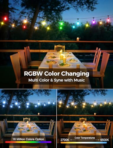 XMCOSY+ Patio Lights, 49Ft Smart Outdoor String Lights RGBW, 15 LED Bulbs, APP & WiFi Control, Compatible with Alexa, IP65 Waterproof String Lights for Outside, Color Changing Outdoor Patio Lights
