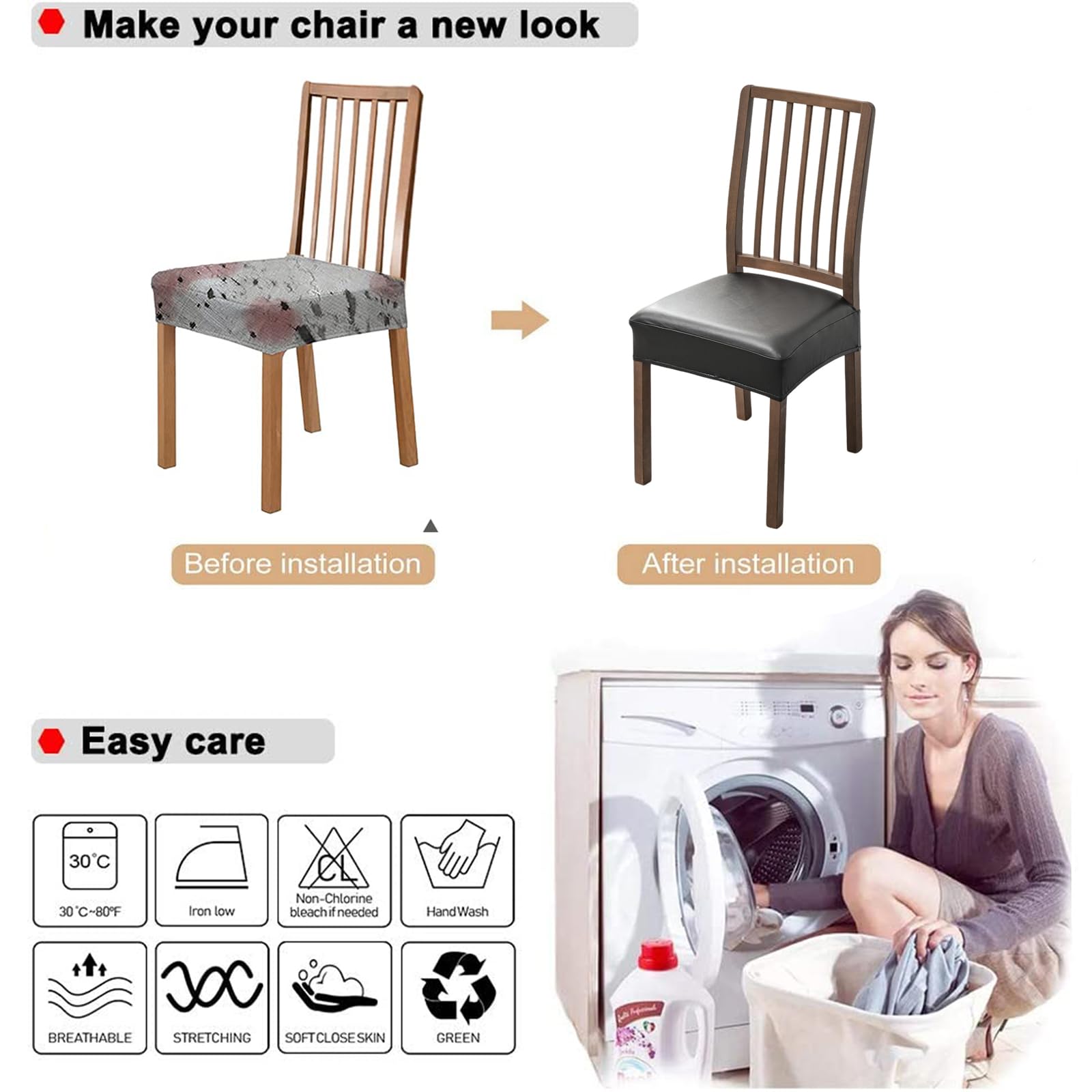 NILUOH Waterproof Seat Covers for Dining Room Chairs Set of 2, Pu Leather Chair Seat Slipcovers Dining Chair Cover Removable Washable Chair Protctor Cover, Rear Covers (PU-Black)