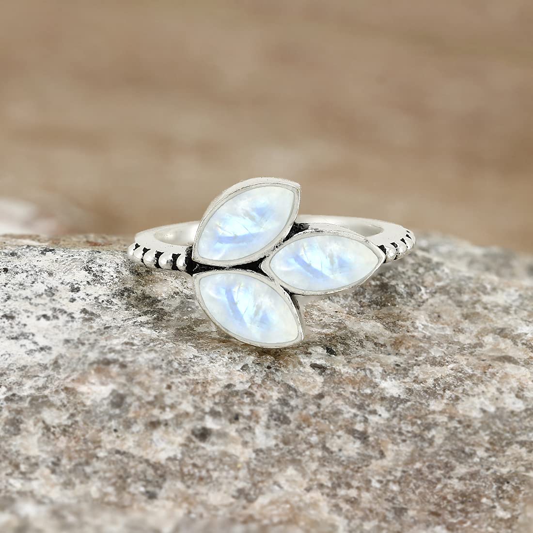 Moonstone 3 Stone Ring 925 Sterling Silver Plated Engagement Ring For Women Handmade Rings Natural Moon Stone June Birthstone Ring Statement Ring For Christmas Size US 5 Mother's Day Gifts For Her