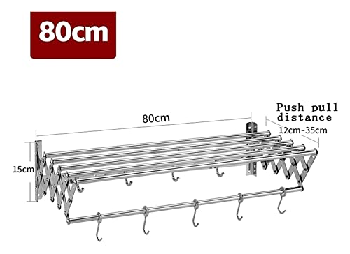 XMCX 50-80cm Laundry Drying Rack Airer -Wall Mounted - Retractable - Clothes Dryer Collapsible Folding Towel Shelf with Hooks Washing Line Easy Storage (Color : 5 Hook, Size : 80cm)