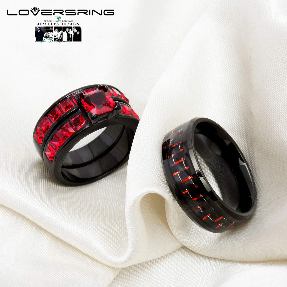 LOVERSRING Two Rings His and Hers Couple Ring Bridal Set His Hers 3pc Women Black Gold Filled Red Cz Man Stainless Steel Wedding Ring Band Set