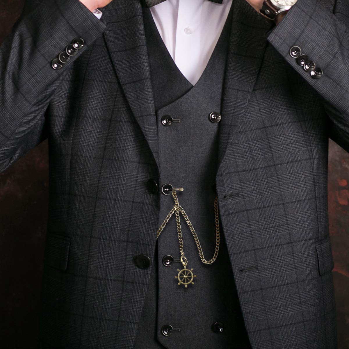 ManChDa Double Albert Chain Pocket Watch, Curb Link Chain 3 Hook Antique Plating Shield Design Fob T Bar for Men Bass with Rudder