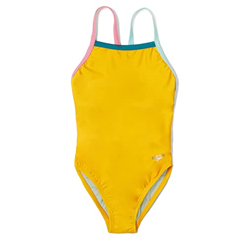 Speedo Girls' Standard Swimsuit One Piece Thin Straps, Radiant Yellow, 8 Big Kid