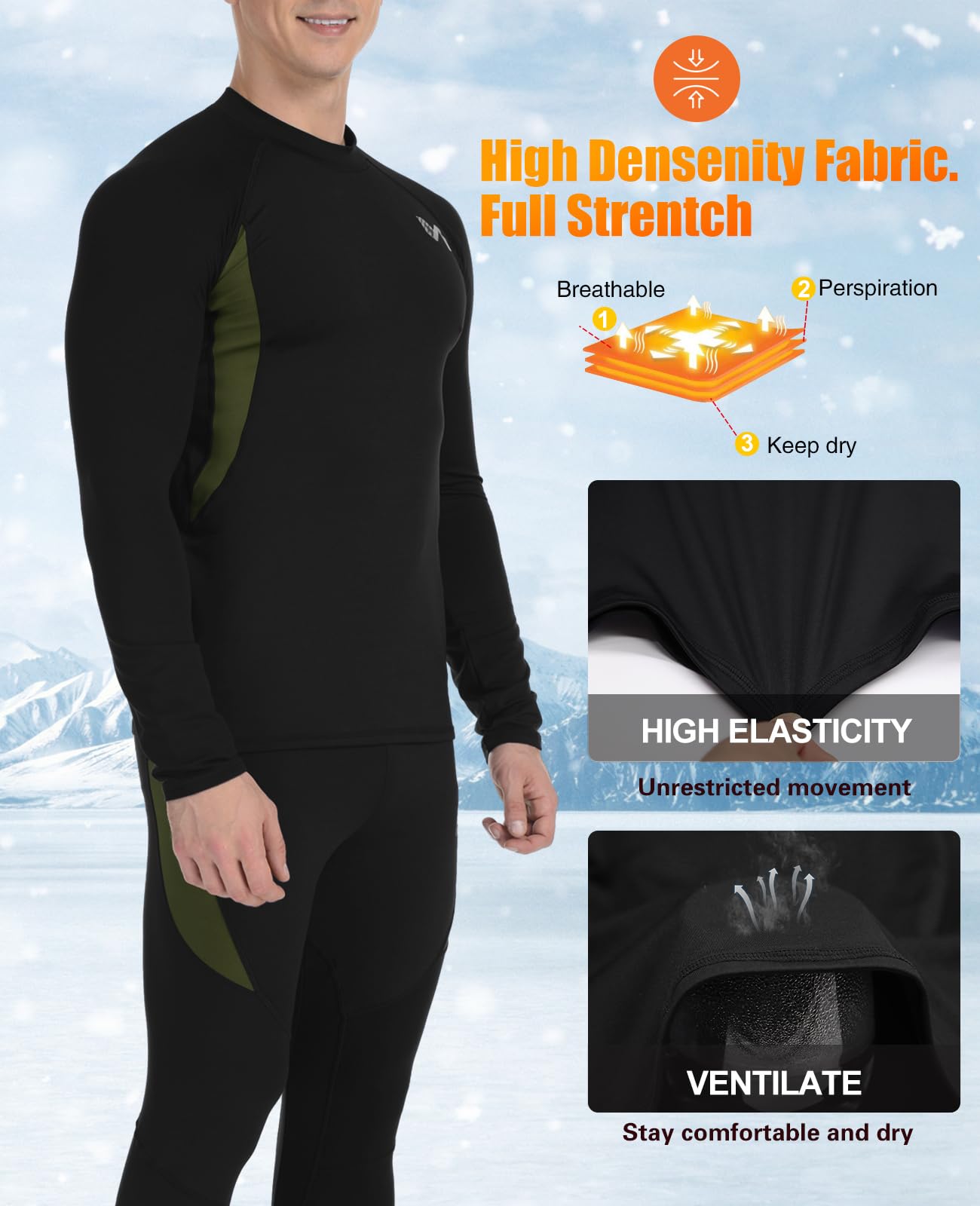 MEETYOO Thermal Underwear, Men's Base Layer,2 Sets Long Johns Lined with Hunting Gear, Black+Black, Small