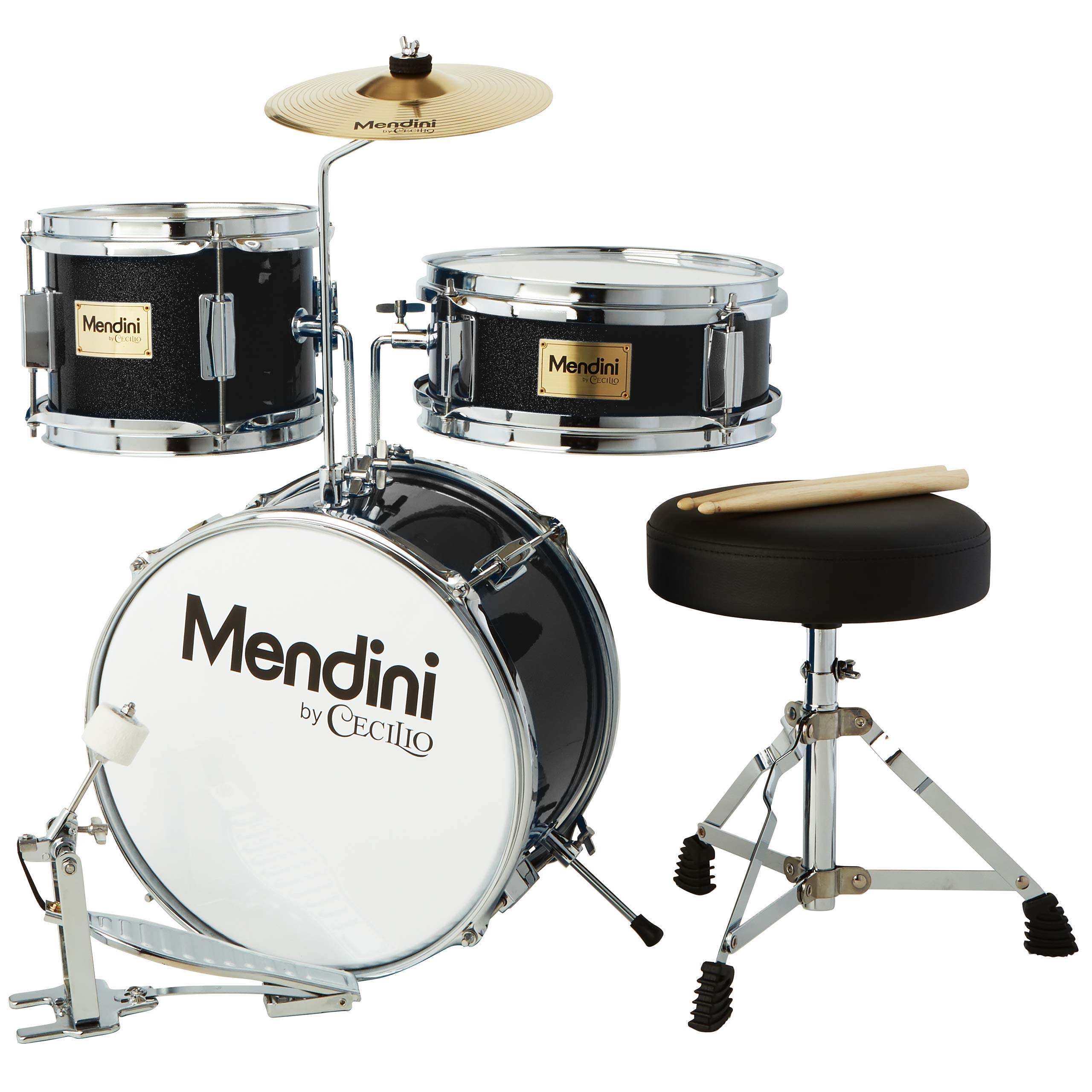 Mendini by Cecilio 13 inch 3-Piece Kids/Junior Drum Set with Throne, Cymbal, Pedal & Drumsticks, Metallic Black, MJDS-1-BK