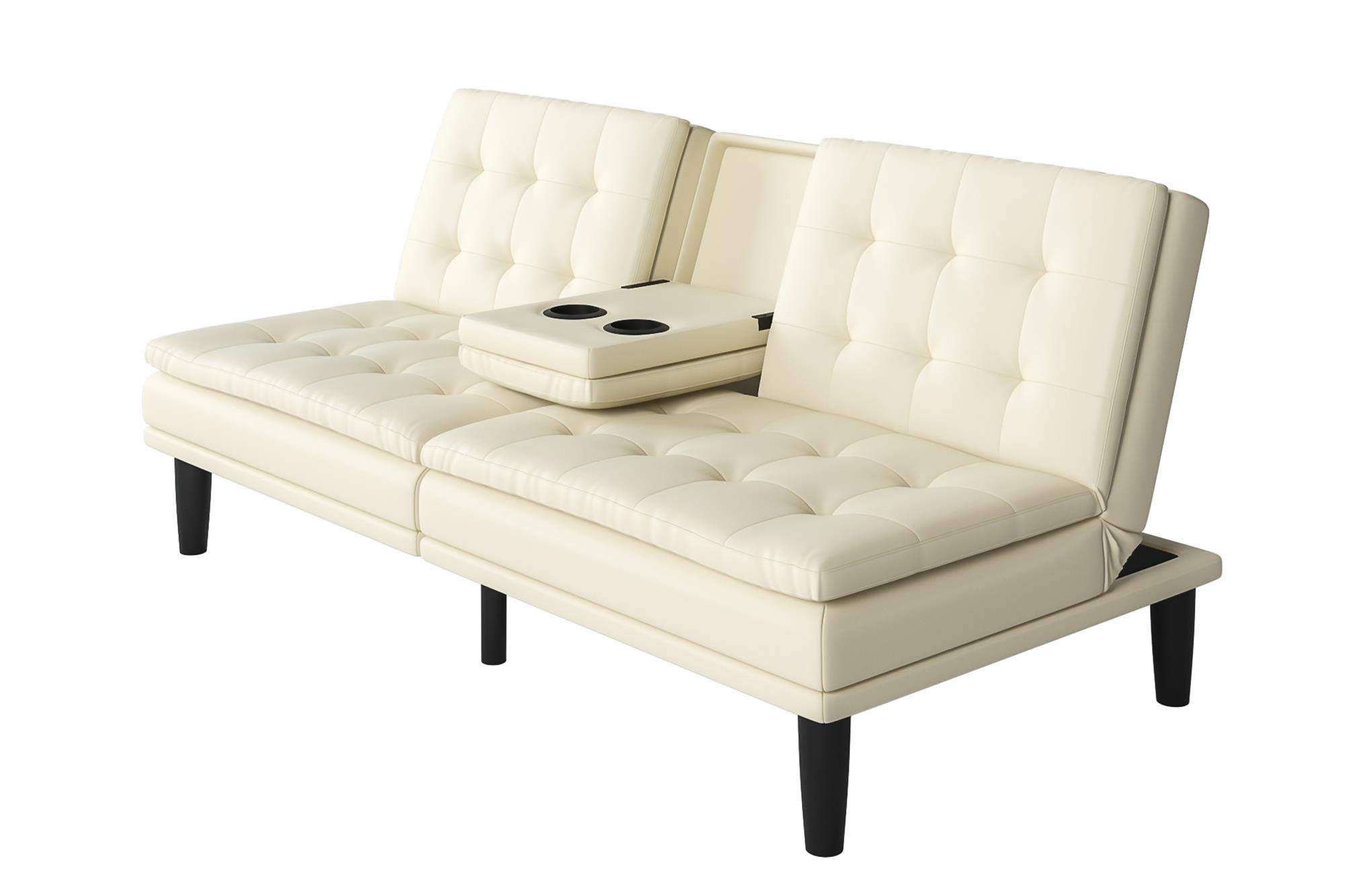 Memory Foam Faux Leather Pillowtop Futon with Cupholder, Vanilla Faux Leather Colors Ideal for Small Living Spaces