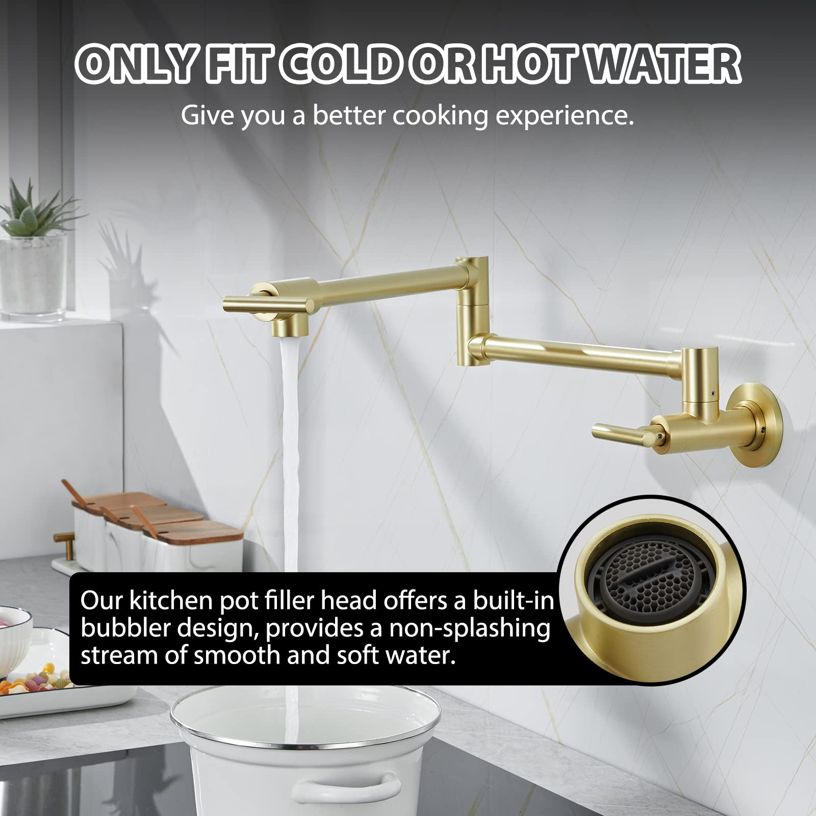 VAKITAP Gold Pot Fillers Wall Mount, Modern Pot Filler Faucet with Double Joint Swing Arm Design, Single Hole 2 Handles Kitchen Pot Filler Faucet, 3004-BG