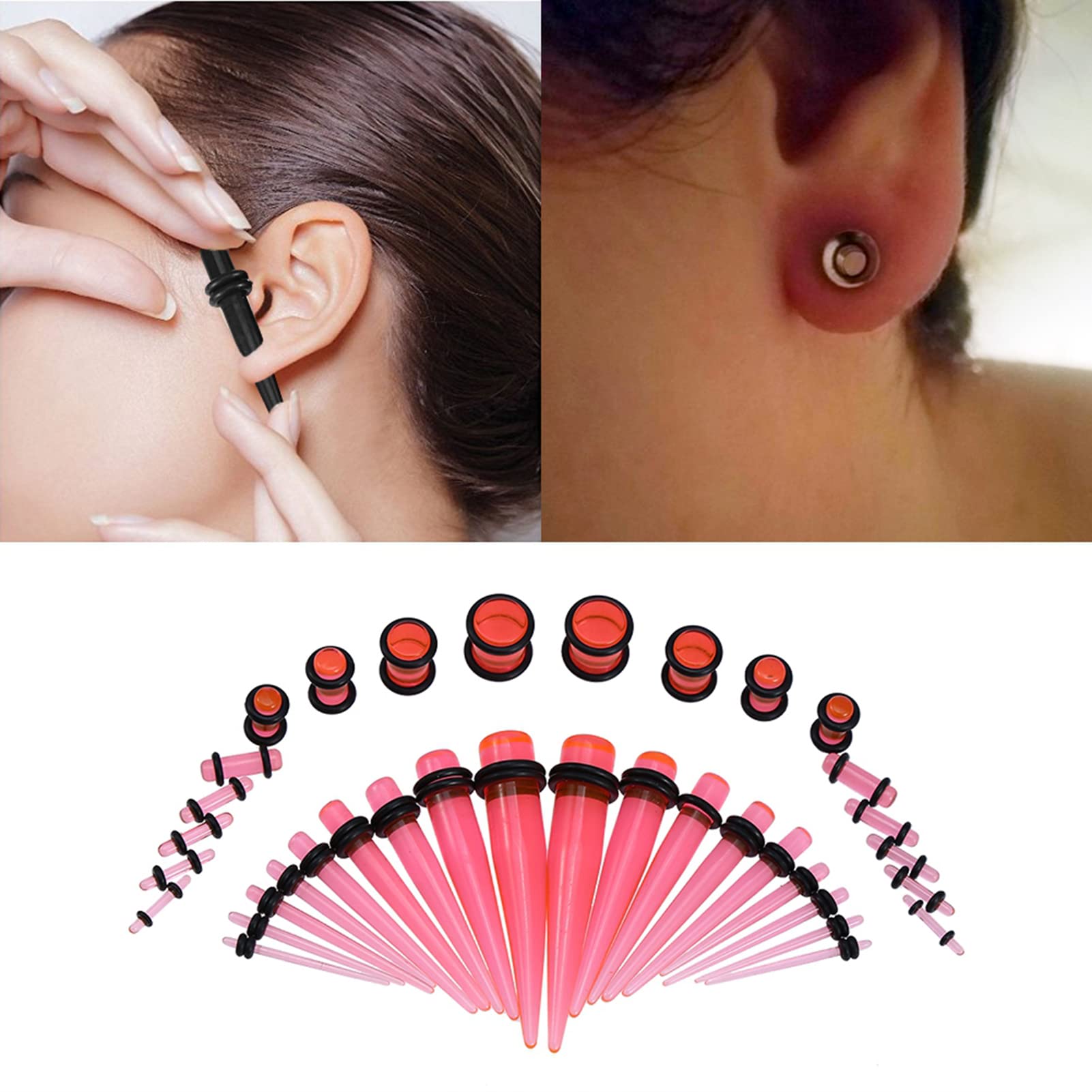 POCREATION Ear Gauges Stretching Kit, 8 Types Fashionable Acrylic Stretcher Ear Plug Taper Expander O-Ring Stretching Kit Body Piercing Jewelry(Transparent pink)