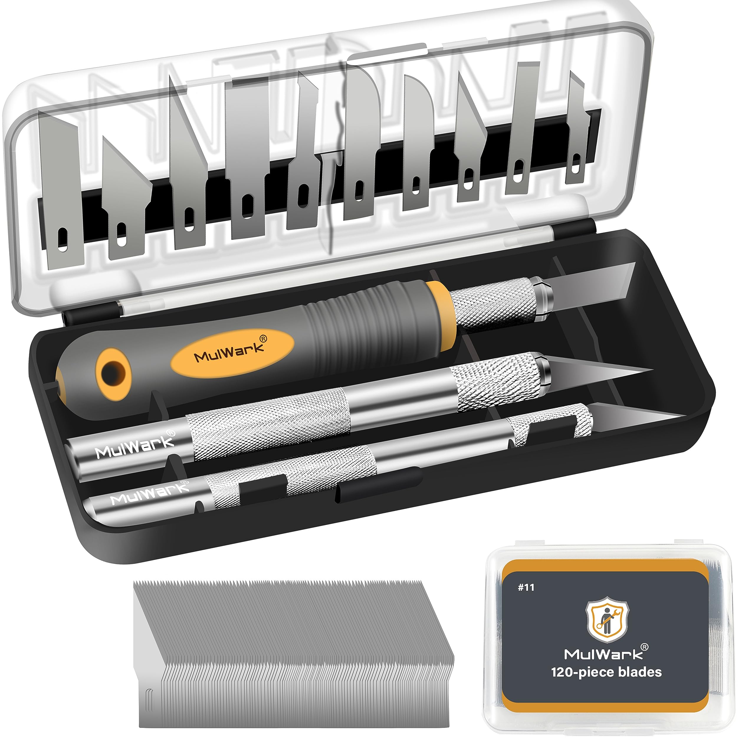 MulWark 136-Piece Precision Hobby Knife Set - Exacto Knife Set for Modeling - Craft Knife Magnetic Customized Handle with Chiseling Blade, Stencil Edge Blade, Fine Point Blade Included 120#11 blades