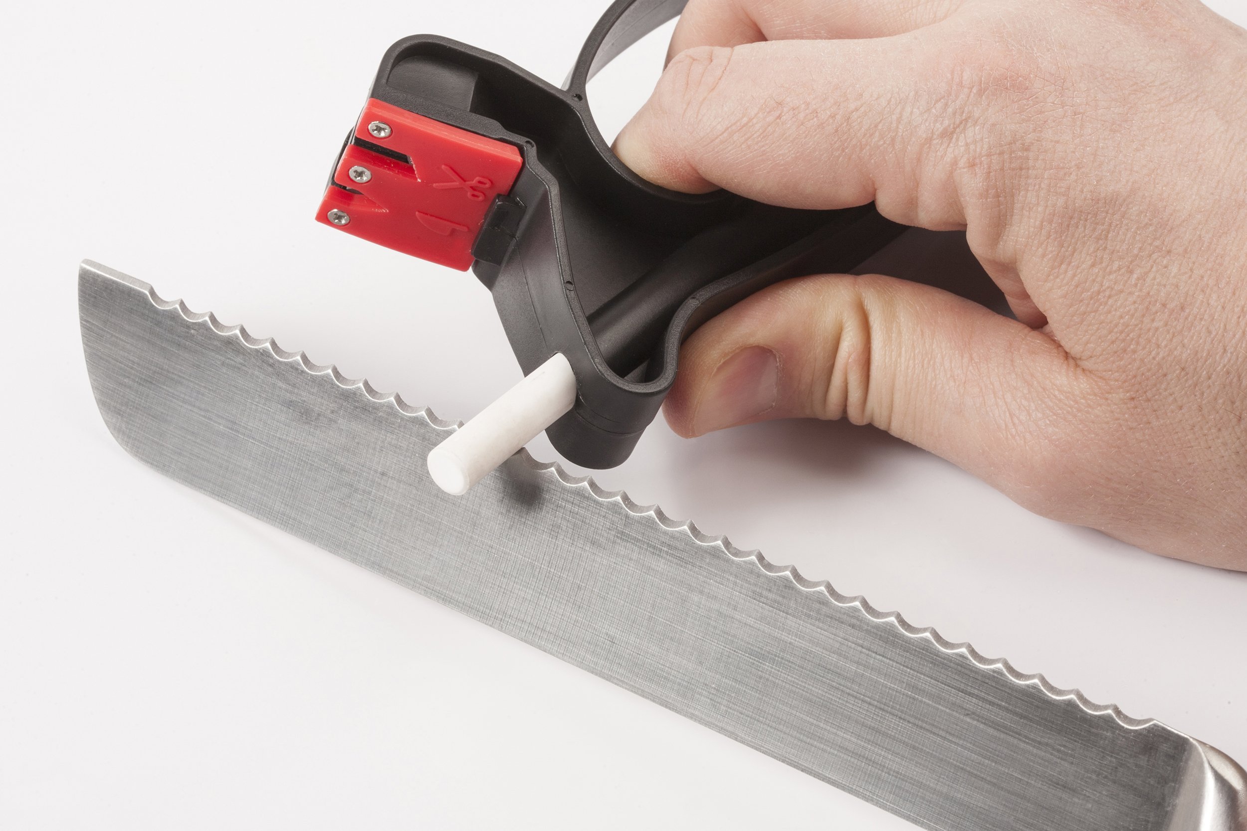 Manual Knife Sharpener with Comfortable Ergonomic Handle, Has Separate Tungsten Carbide Blades for Knives & Scissors & Extendable Ceramic Rod for Serrated & Specialty Knives, Black & Red by Vokram