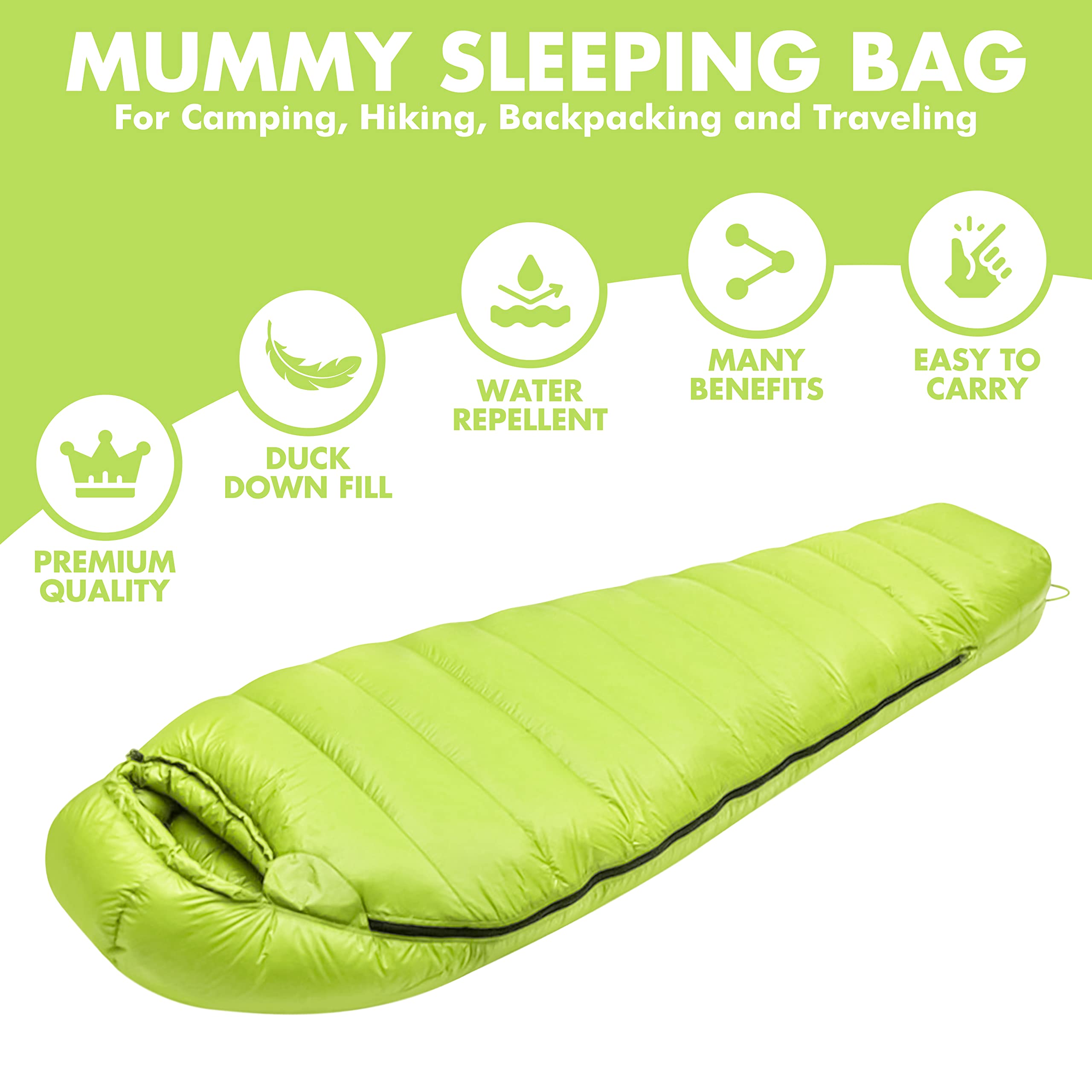 Rojomark Duck Down - 600 Fill Power Duck Down Mummy Sleeping Bag, Sleeping Pad and Air Pillow. Backpacking Sleeping Bags for Adults for Hiking, Camping and Traveling.