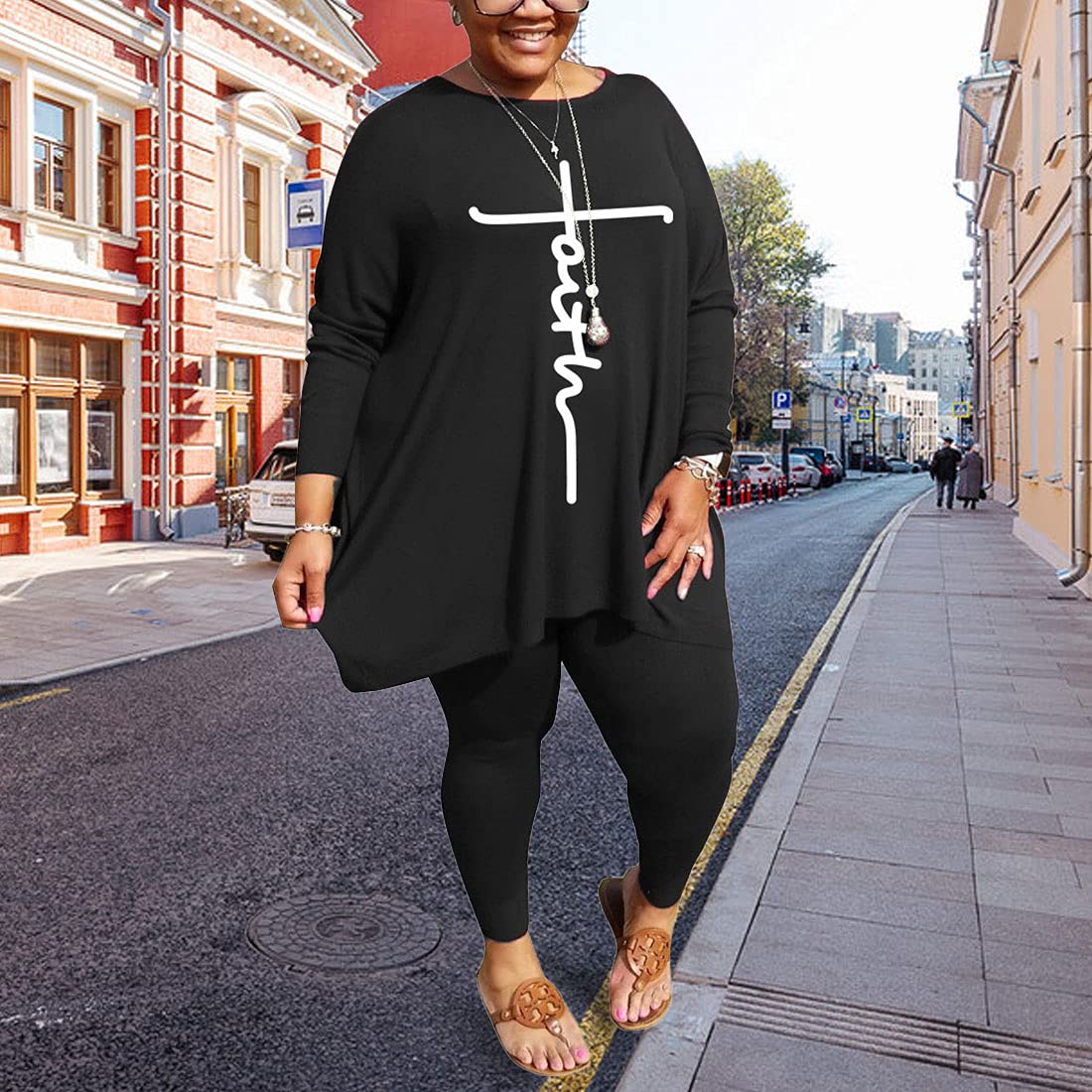 Nhicdns Plus Size 2 Piece Outfits for Women Tracksuit Long Sleeve Tops Bodycon Long Pants Set Casual Sweatsuit