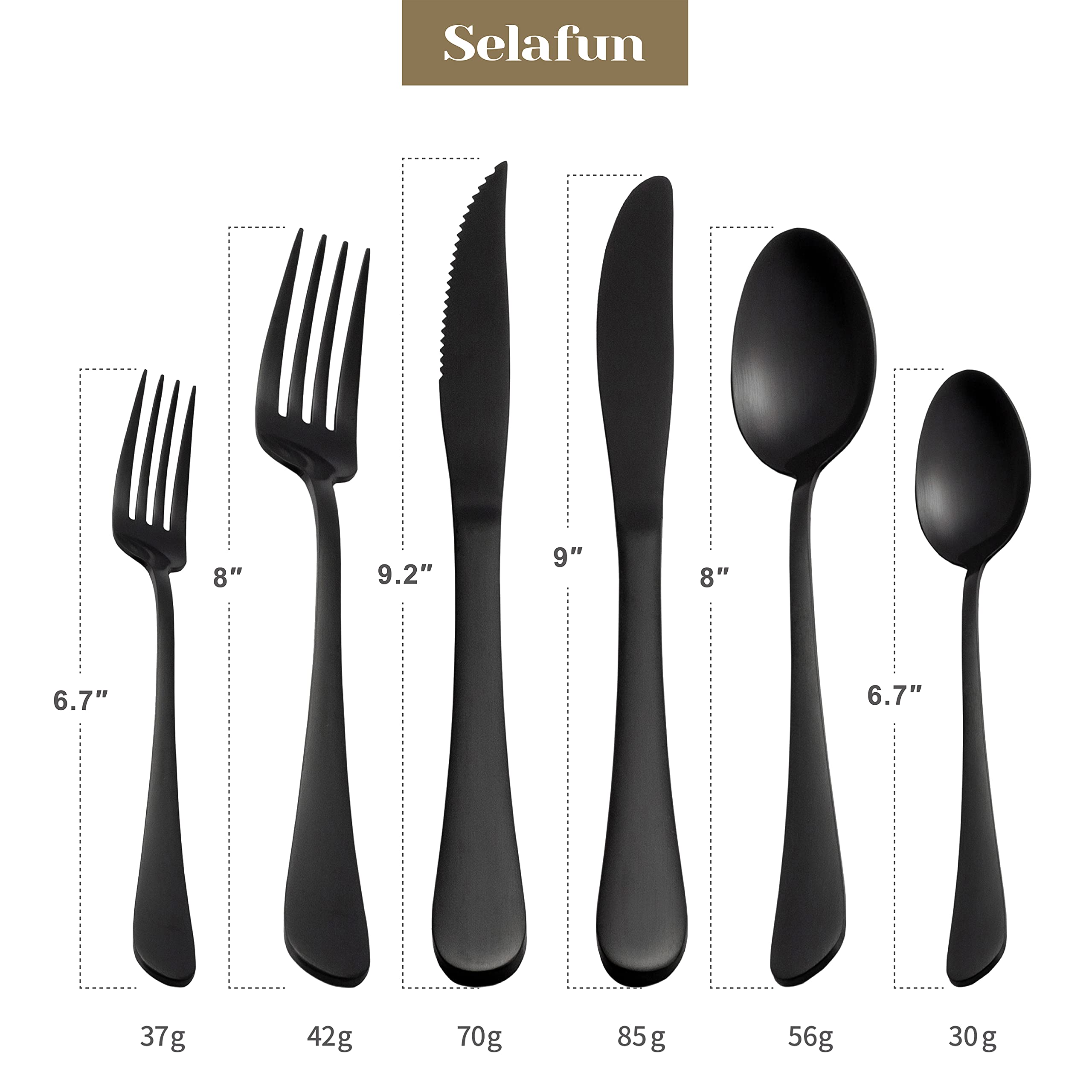 Selafun 24 Piece Matte Black Flatware Set.Stainless Steel Matte Black Silverware Set Titanium Plating Tableware Cutlery Set. Utensil Set for Kitchens. Dishwasher Safe(Service for 4)