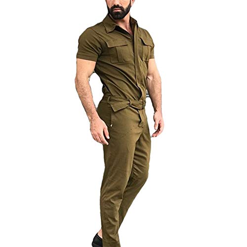 Men's Fashion Romper Short Sleeve Jumpsuit Zipper Playsuit One-Piece Casual Pants with Pockets Plus Size (Green, M)