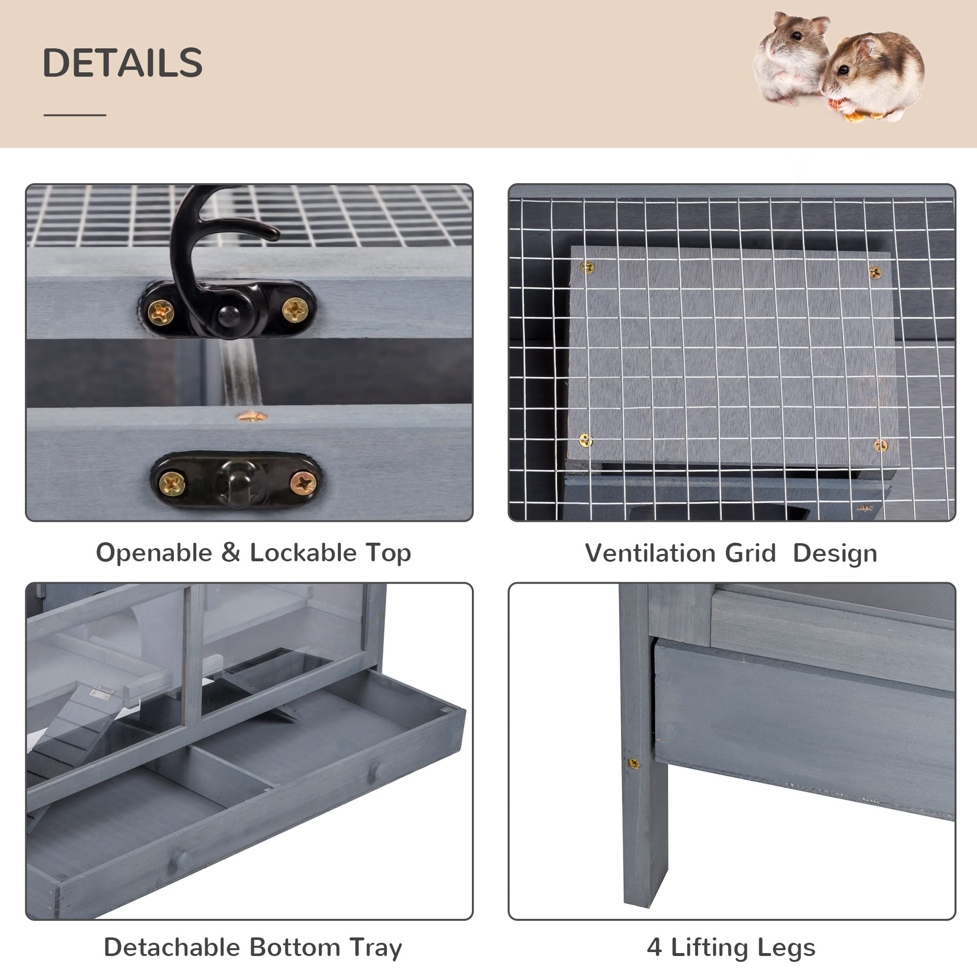 PawHut 2 Tiers Wooden Hamster Cage Mice and Rat House Small Animal Habitat with Double Room and Pull-Out Tray