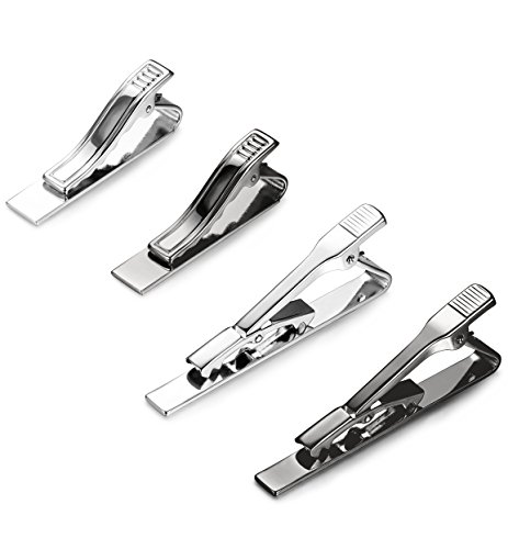 LOYALLOOK 2pcs 2.15Inch Mens Tie Bar Pinch Clip Set for Regular Ties and 2pcs 1.5Inch Skinny Tie Clip with Gift Box Silver Black Tone Pack