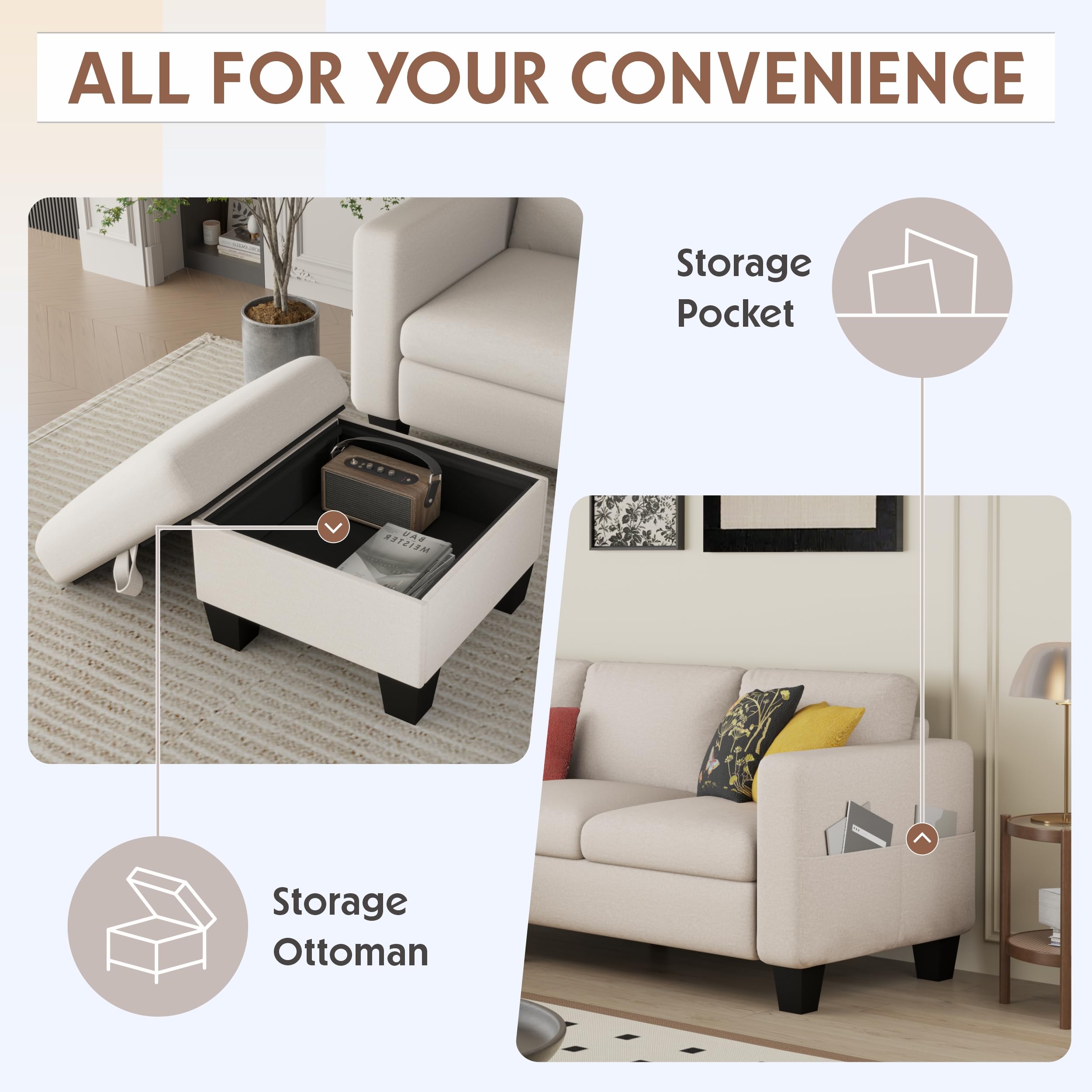 ZeeFu Convertible Sectional Sofa Couch: 3 Seat Black Velvet L-Shaped Sectional Sofa Couches with Storage Ottoman-Modern Classic Upholstered Sofa Couch Set for Living Room Office Apartment Small Space