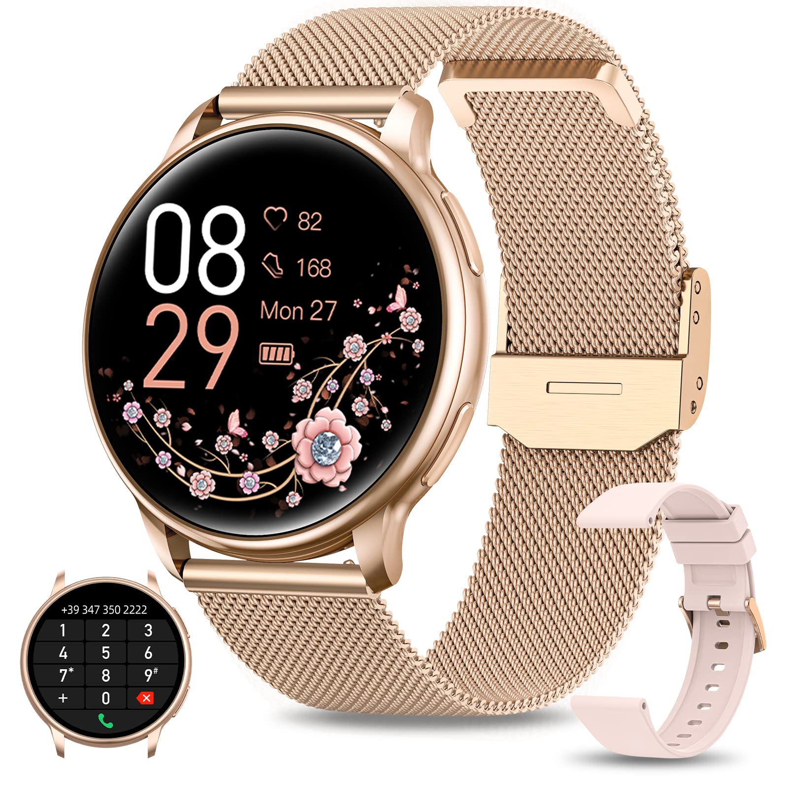 Smart Watch for Women(Answer/Make Calls), 1.3'' AMOLED Bluetooth Smartwatch for Android Phones iPhone Compatible, IP68 Outdoor Fitness Tracker with Heart Rate, Blood Pressure, SpO2 Monitor, Watch Gold