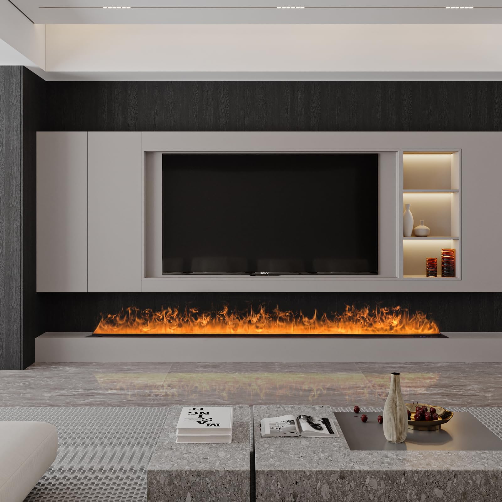 MASSLAX Water Vapor Fireplace Embedded with 3D Atomized Flame Dimmable, Remote Control Electric Steam Fireplace with Water Control, Burning Sound & 5ft Power Cords, Size: L31.5 x W7.87x H8.27 in