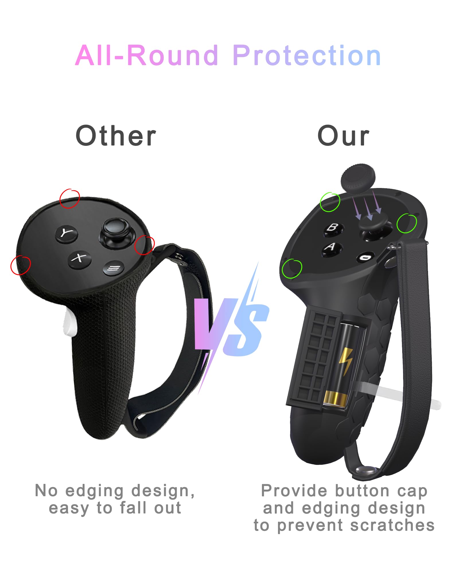 Lonxmovs Controller Grip Cover Compatible with Meta/Oculus Quest 3 Grips Cover for VR Touch Plus Controllers Covers Protector with Battery Opening Cover and Knuckle Straps(Black)