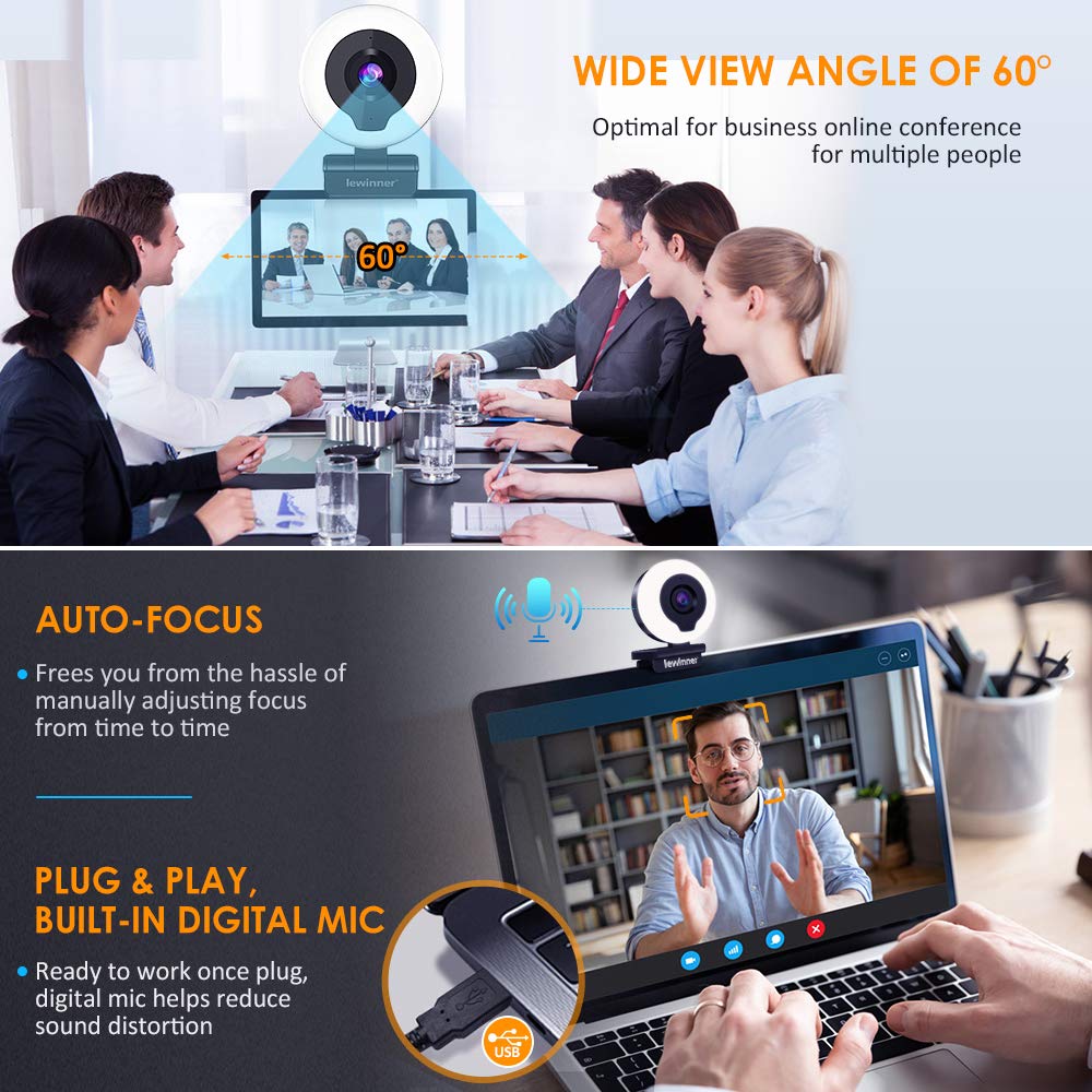 lewinner 2K Webcam with Ring Light & Tripod & Microphone, HD Streaming Web Camera with Cover-USB AutoFocus Adjustable Brightness PC Video Conference/Teaching, Laptop/Desktop Mac