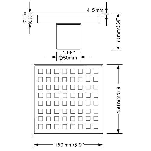 TRUSTMI 6 Inch Square Shower Floor Drain with Removable Grid Grate Cover, SUS 304 Stainless Steel,Brushed Gold