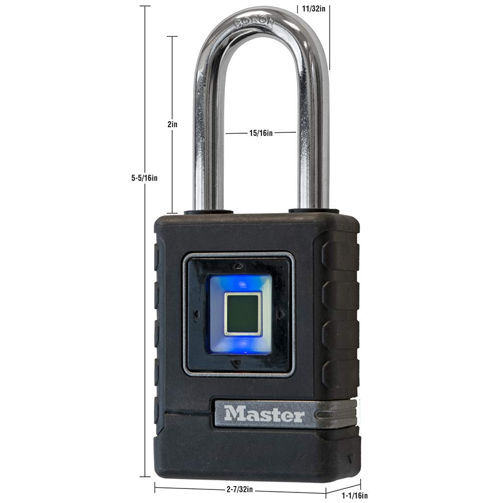 Master Lock 4901DLH Fingerprint Lock Heavy Duty Outdoor Biometric Padlock, Black