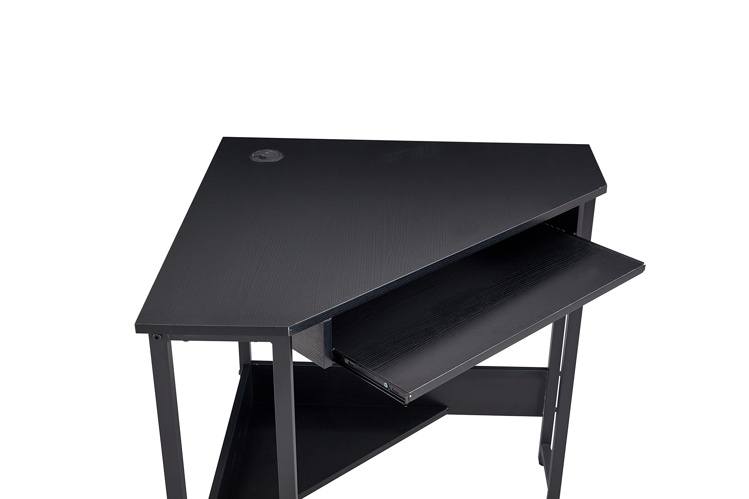 MENGK Triangle Computer Desk,Corner Desk with Smooth Keyboard Tray& Storage Shelves,Compact Home Office,Small Desk with Sturdy Steel Frame As Workstation for Small Space,Black,28.34''L 24''W 30.11''H