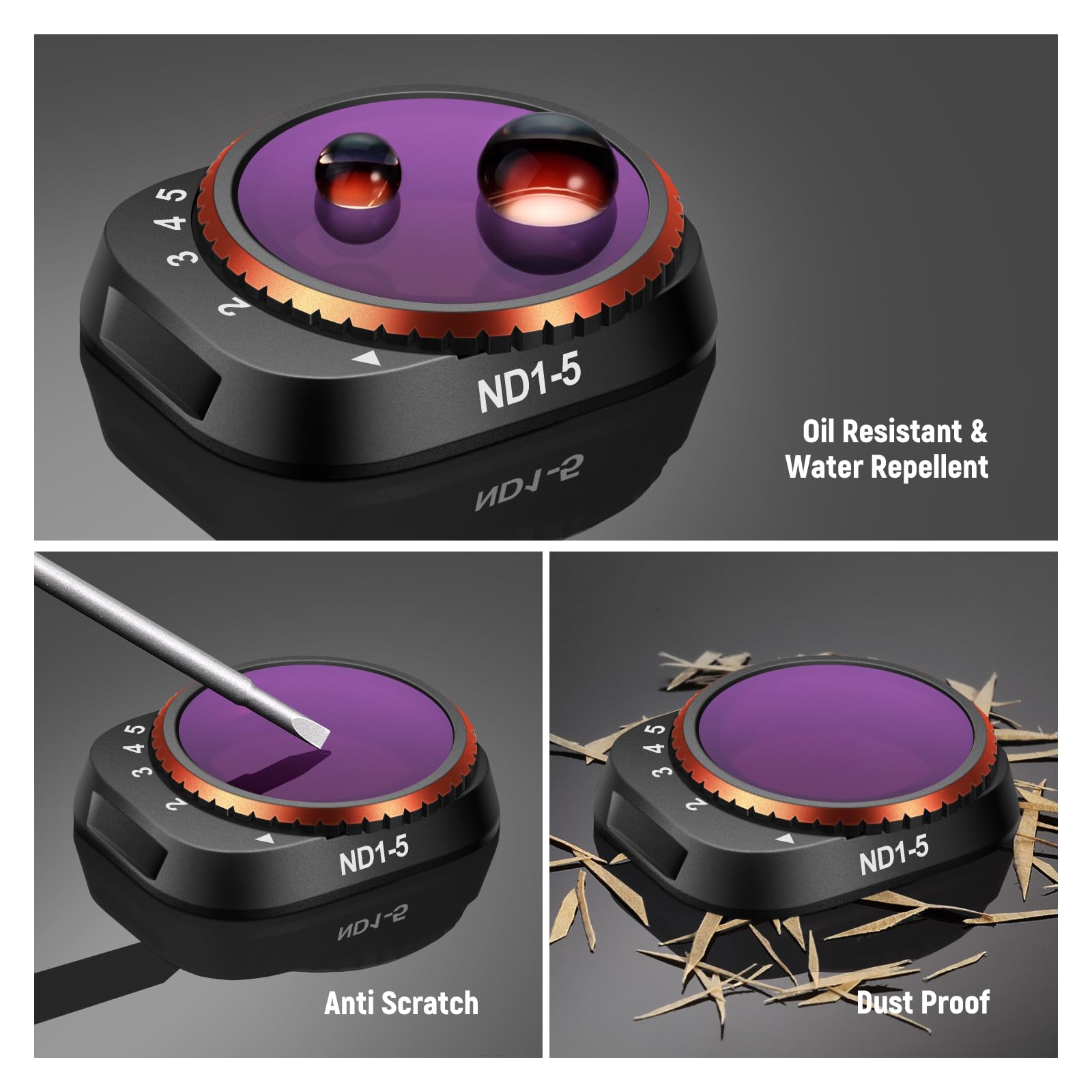 NEEWER Limited Variable ND Filter Kit Compatible with DJI Mini 3/Mini 3 Pro, 4 Pack ND2-ND32 (1-5 Stops)/ND64-ND512 (6-9 Stops)/CPL/UV Lens Filter with Multi Coated HD Optical Glass/Aluminum Frame