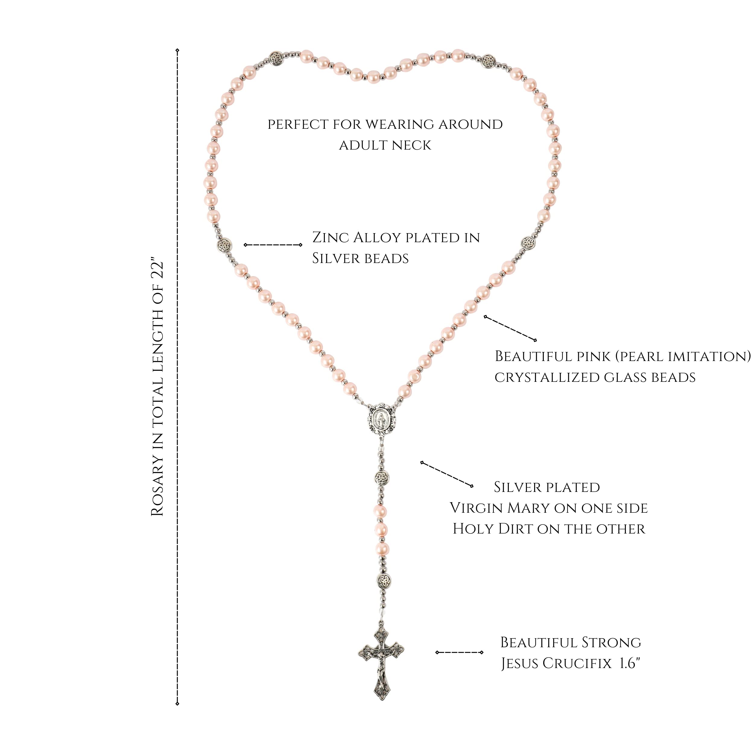 Nazareth Store Pink Beads Rosary Necklace Strong Pearl Beaded Catholic Rosary with Our Lady of Graces Medal and Cross