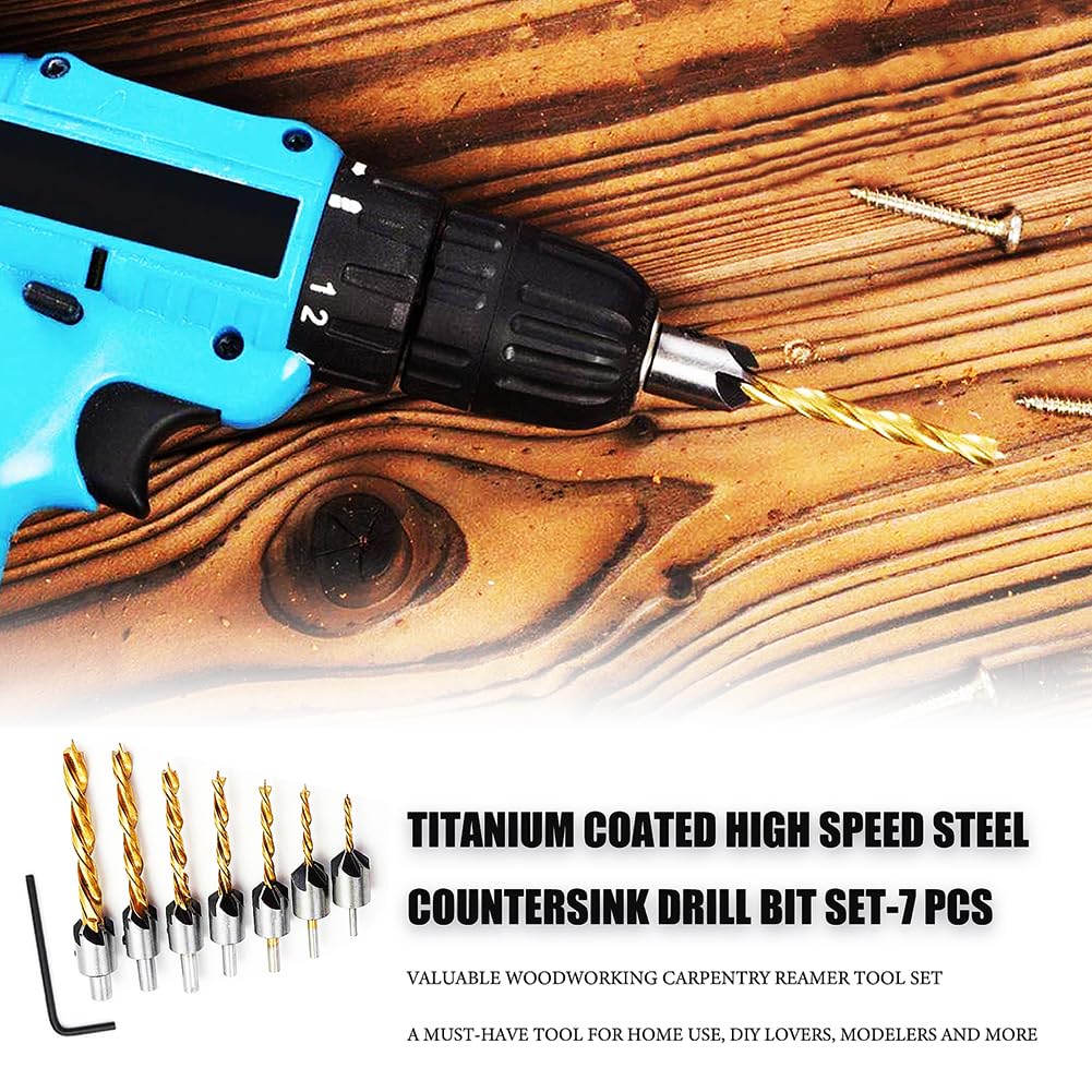 Tomato Palace Countersink Drill Bit Set 7 PCS Titanium Coated Counter Sinker Drill Bit Set for Wood High Speed Steel, Woodworking Carpentry Reamer Tool Set with Hex Key Wrench