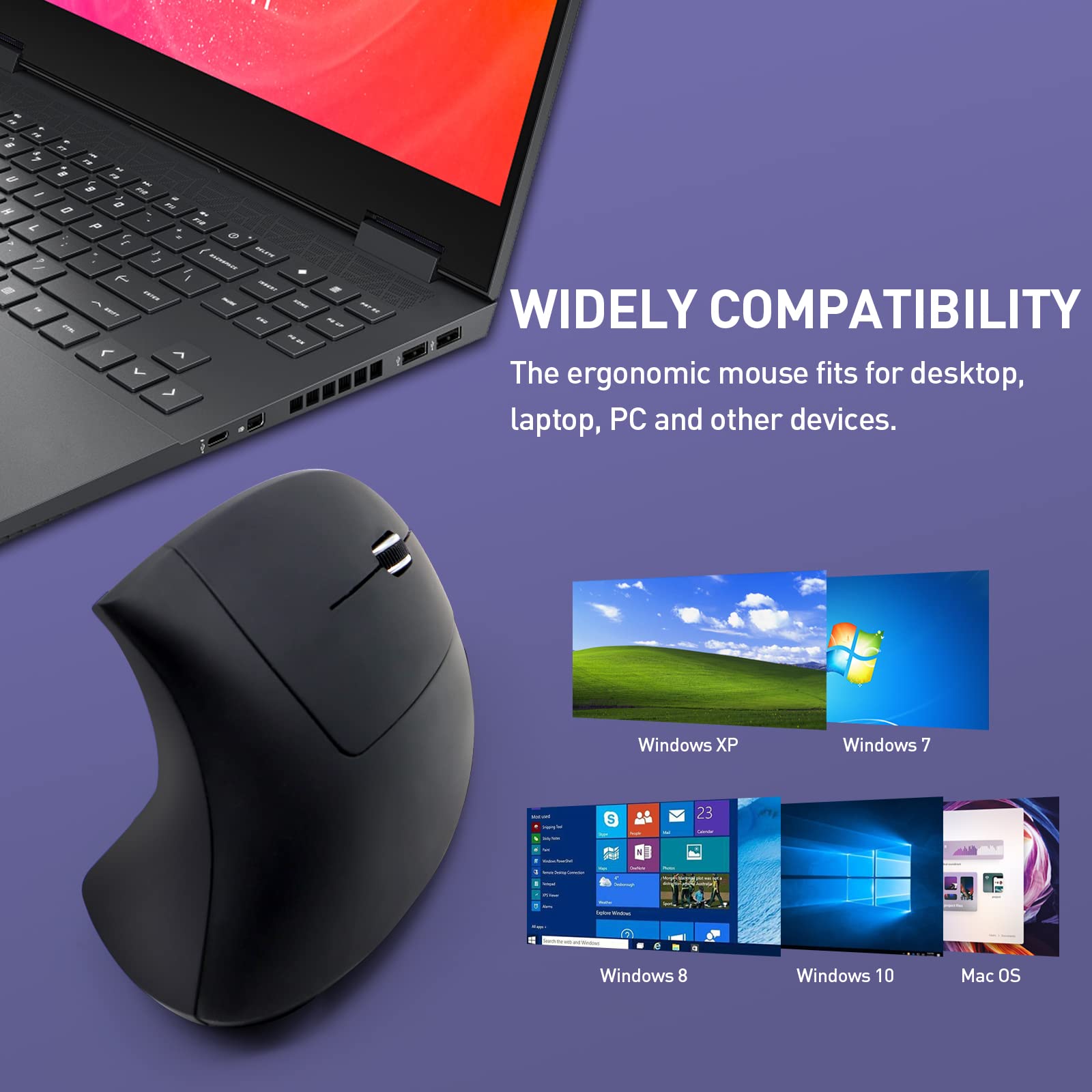 Scettar Ergonomic Mouse Wireless Vertical,2.4G Computer Carpal Tunnel Mouse 6 Buttons Adjustable DPI 800/1200/1600, Reduce Wrist Pain,for Laptop, Desktop, PC, Mac - Matte Black(NOT Batterry Include)