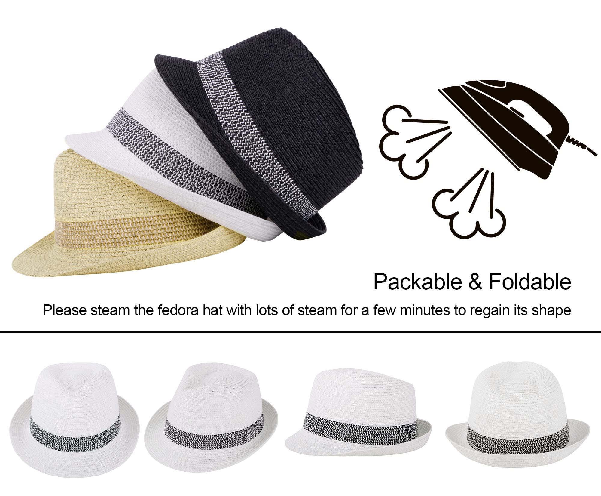 Mens Fedora Hats for Women Straw Packable Hat Women Foldable Mens Straw Sun Hat uv Protection Womens Summer Hat Stylish Straw Hat Men,White,S/M