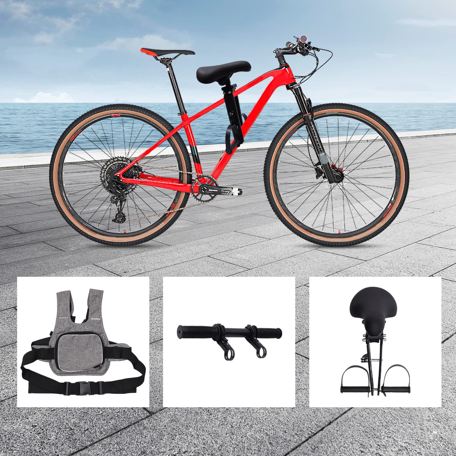 RibasuBB Kids Bike Seat & Handlebar Accessory Combo Pack - Complete Set Front Mounted Bicycle Seats for Children 3-6 Years (up to 220lbs) | Compatible with MTB, 30.00cm*16.00cm*10.00cm