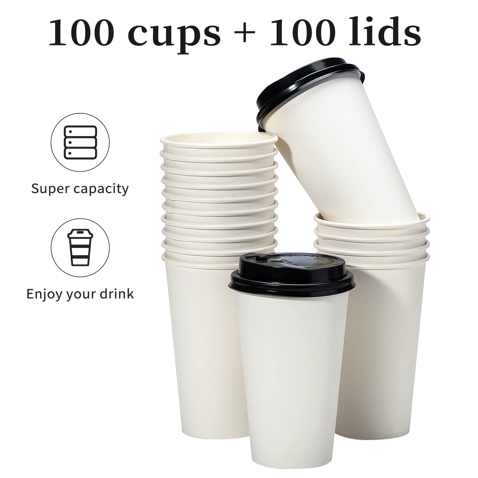 RACETOP [16 oz 100 set with lids] Paper Coffee Cups with Lids, Disposable Coffee Cups with Lids, Hot Drink Paper Cups 16 oz, Ideal for Beverage| Tea (White)