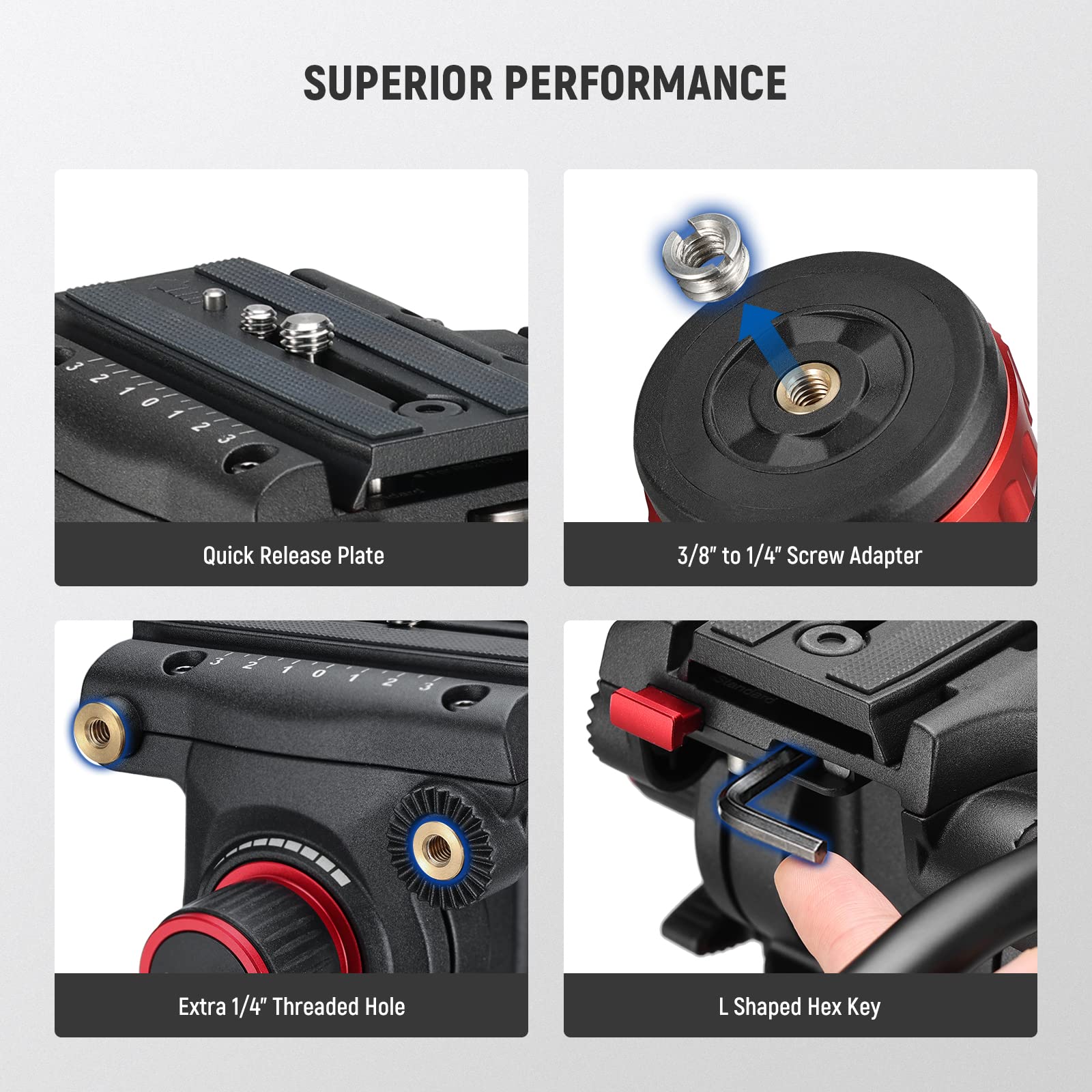 NEEWER Pro Video Tripod Fluid Head with Stepless Adjustable Pan & Tilt Damping, All Metal Heavy Duty QR Plate Compatible with DJI RS Gimbals Manfrotto, Handle, β75mm Base, Max Load 22lb/10kg, GM006