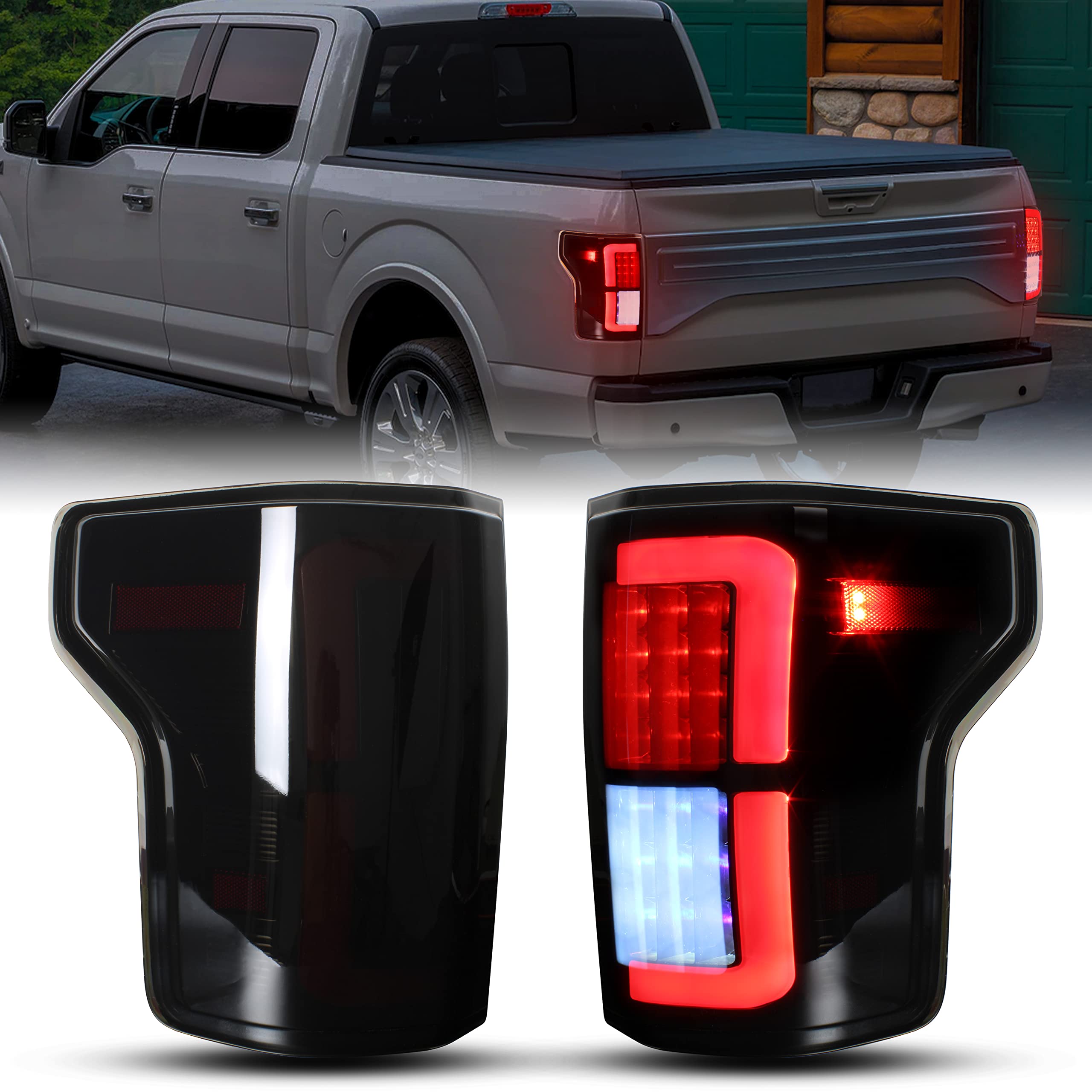 POKIAUTO Full LED Tail Lights for F150 15-20, Pickup Truck Smoked Black LED Taillights Rear Lamps Brake Parking Lights Assembly for Ford F-150 2015-2020 Accessories (2PCS)