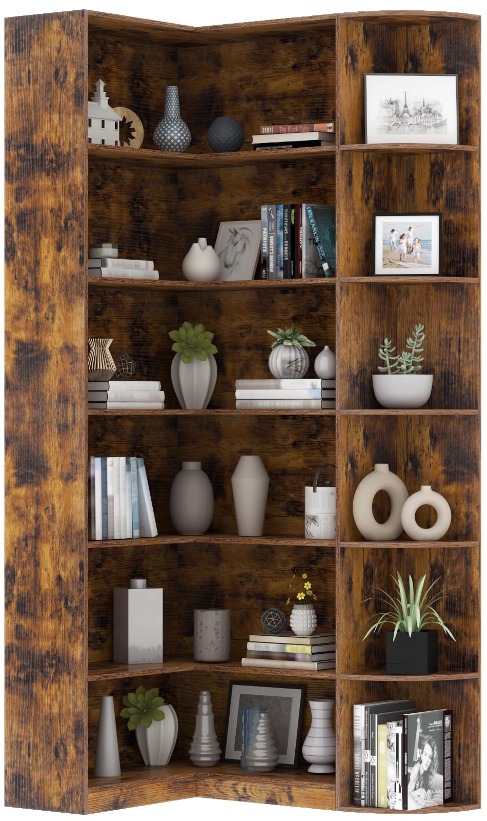 Loomie Bookshelves, 6 Tiers Shelf Large Tall Corner Etagere Bookcase with Full Baffle, L-Shaped Modern Storage Display Industrial Book Shelf for Bedroom, Home Office, Living Room & Kitchen, Rustic