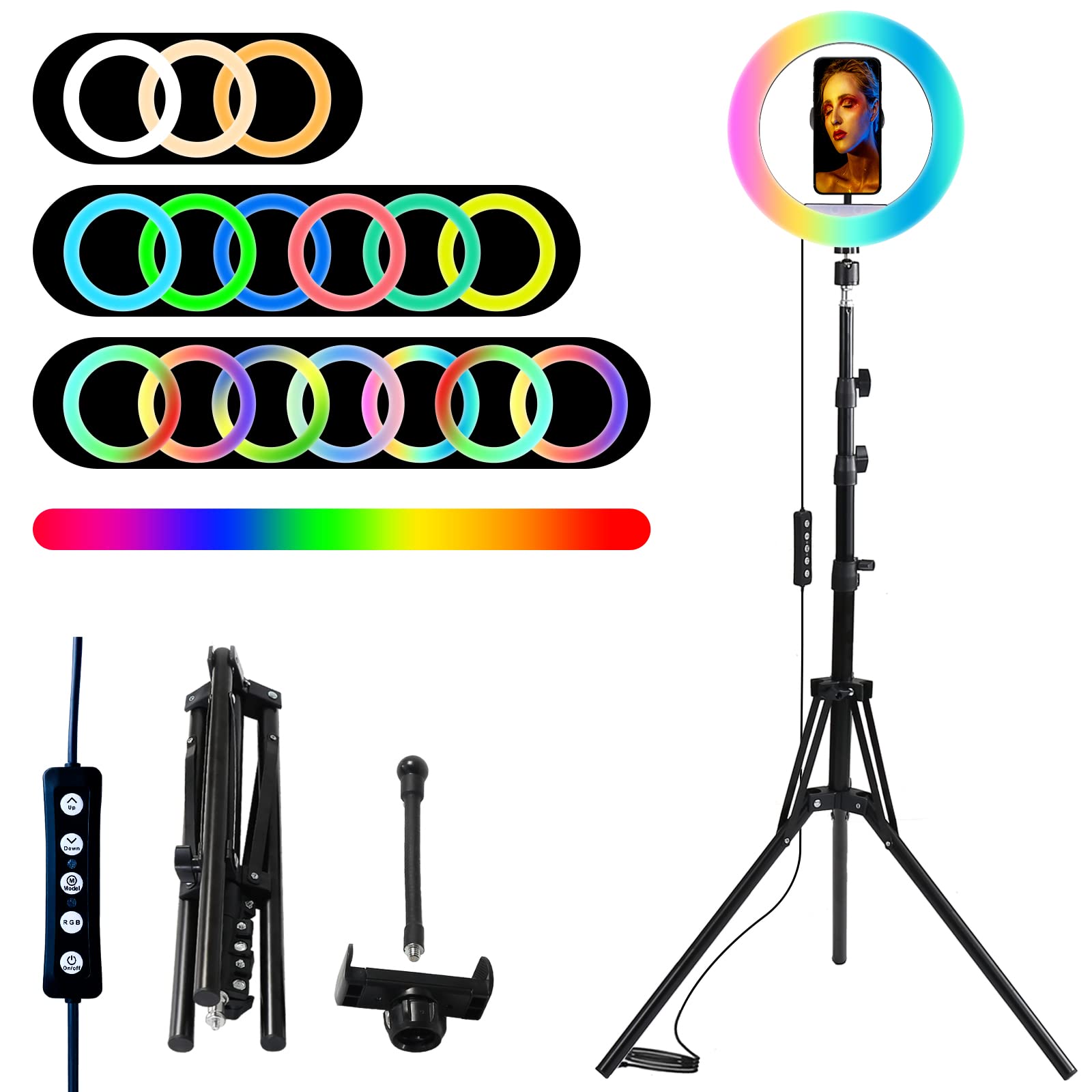 Selfie Ring Light, 10 inch RGB Ring Light with Stand, More Than 20 Colors Modes Dimmable Ring Light with 3 Phone Holder Suitable for Tiktok,YouTube/Shooting/Live