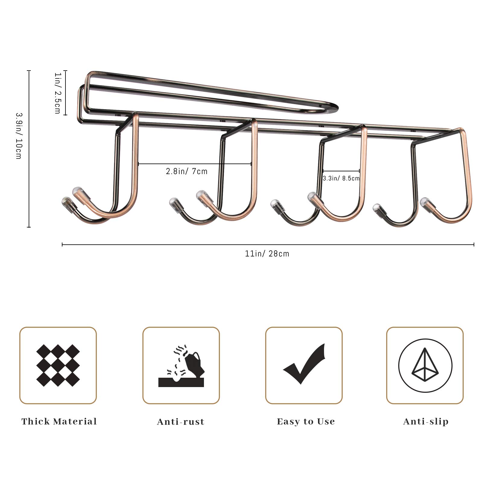 MODOWEY 4Pcs Coffee Mug Holder, Durable Under Cabinet Cup Coffee Mug Holder for Kitchen, 8 Hooks Cup Rack Under Shelf - Fit for The Cabinet 1" or Less