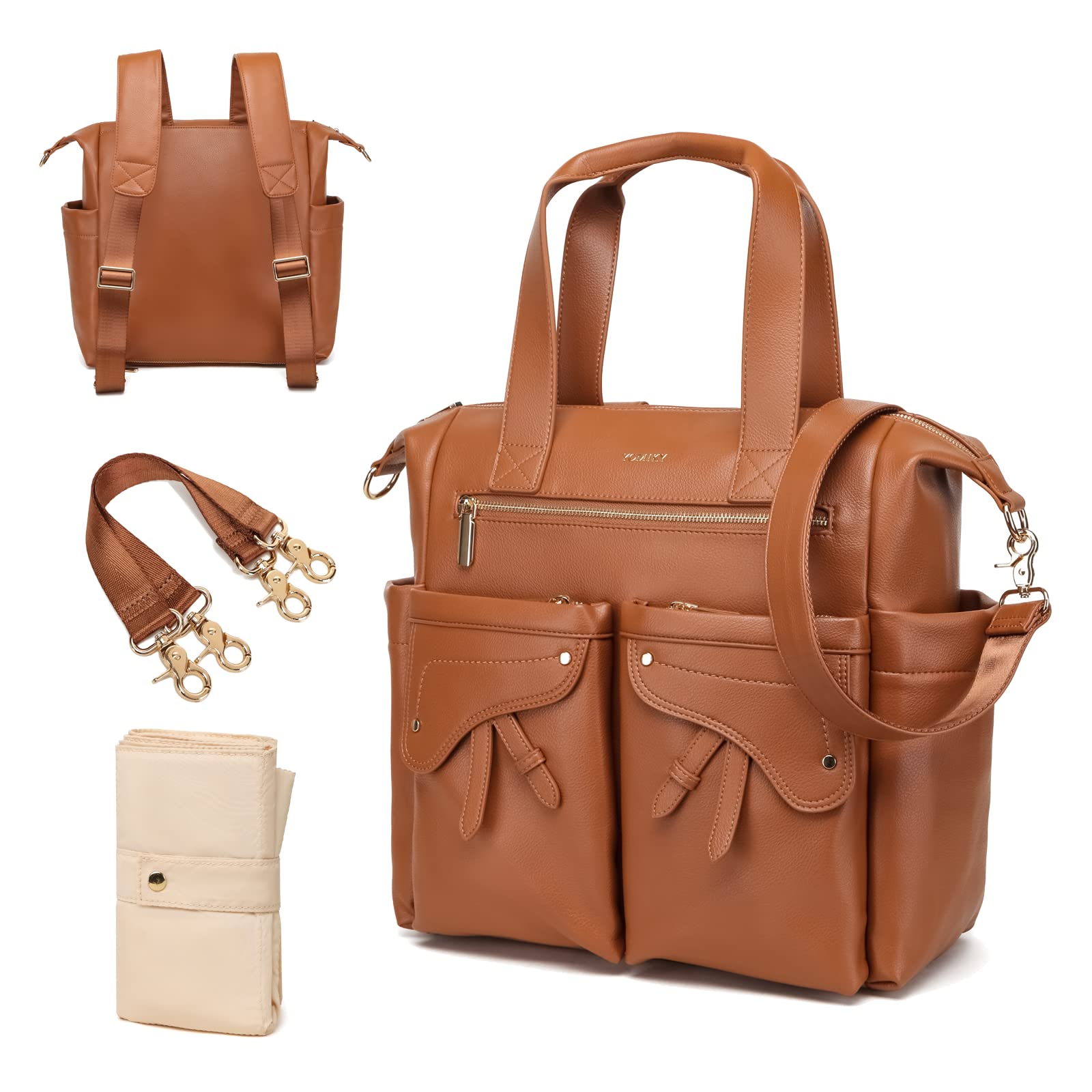 Yomiky Leather Diaper Bag Backpack, Diaper Bag Tote Travel Tote Bags with Large Capacity and Multiple Pockets
