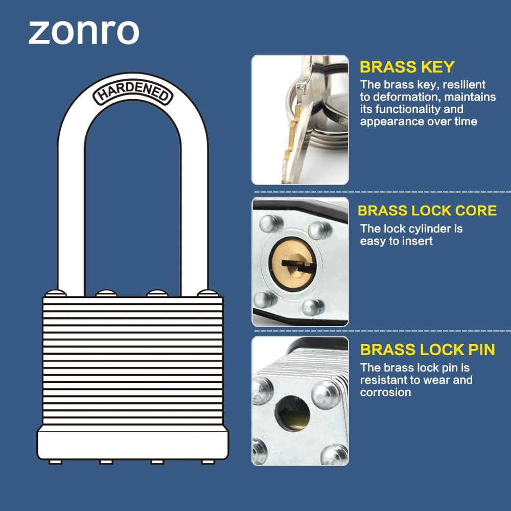 ZonRo Locks Laminated Steel Keyed Padlocks Keyed Alike Locks, Long Shackle Padlocks, for Hasp Latch, Sheds, Fences, Storage Locker, School, Gym,Pack of 6
