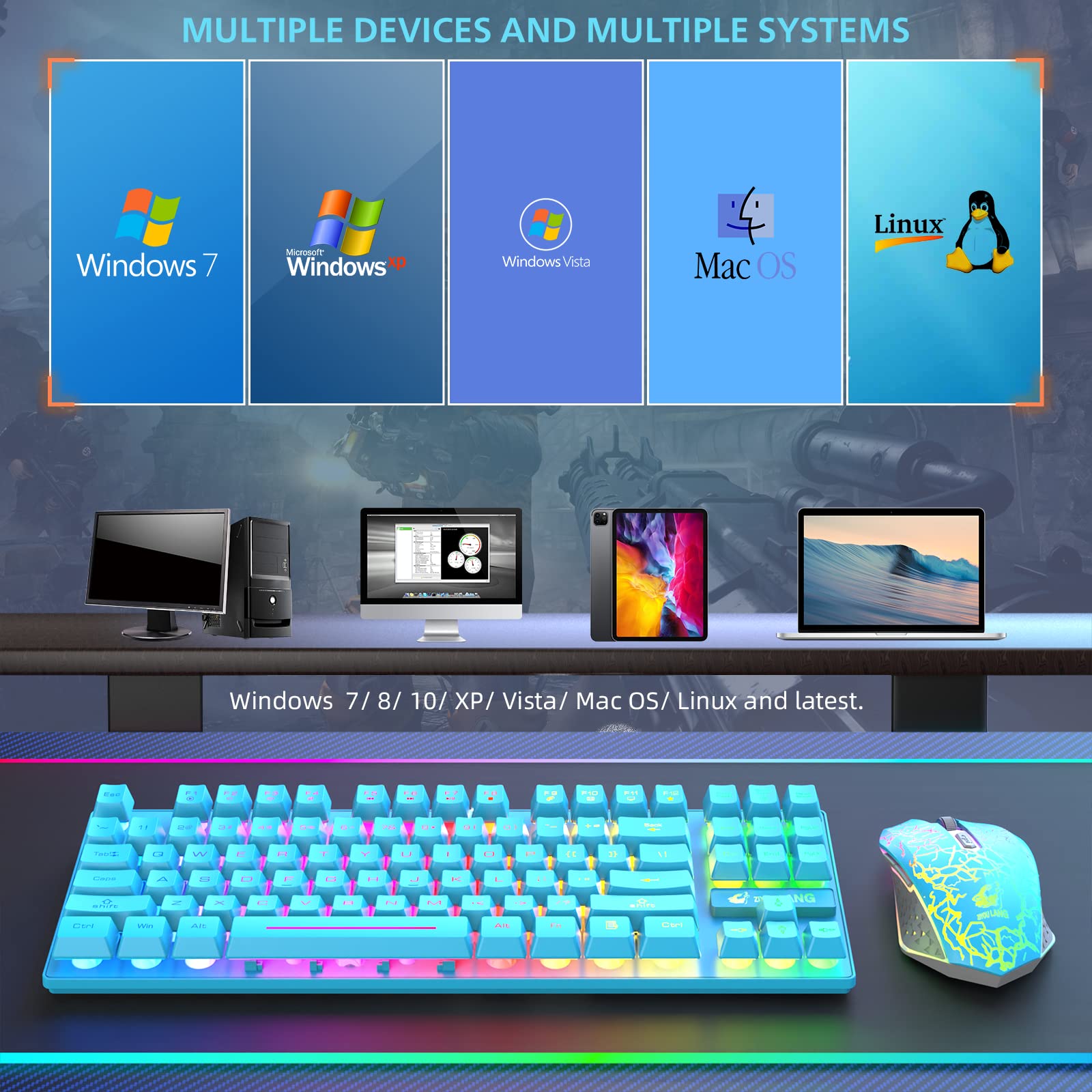 Wireless Gaming Keyboard and Mouse Combo,Rainbow Backlit 87 Keys Membrane Keyboard,2.4GHz Rechargeable 4000mAh Keyboard Mouse, Dual-Head USB&Type C Receiver for PC/Smart Phone/Laptop/Tablet/PS4(Black)