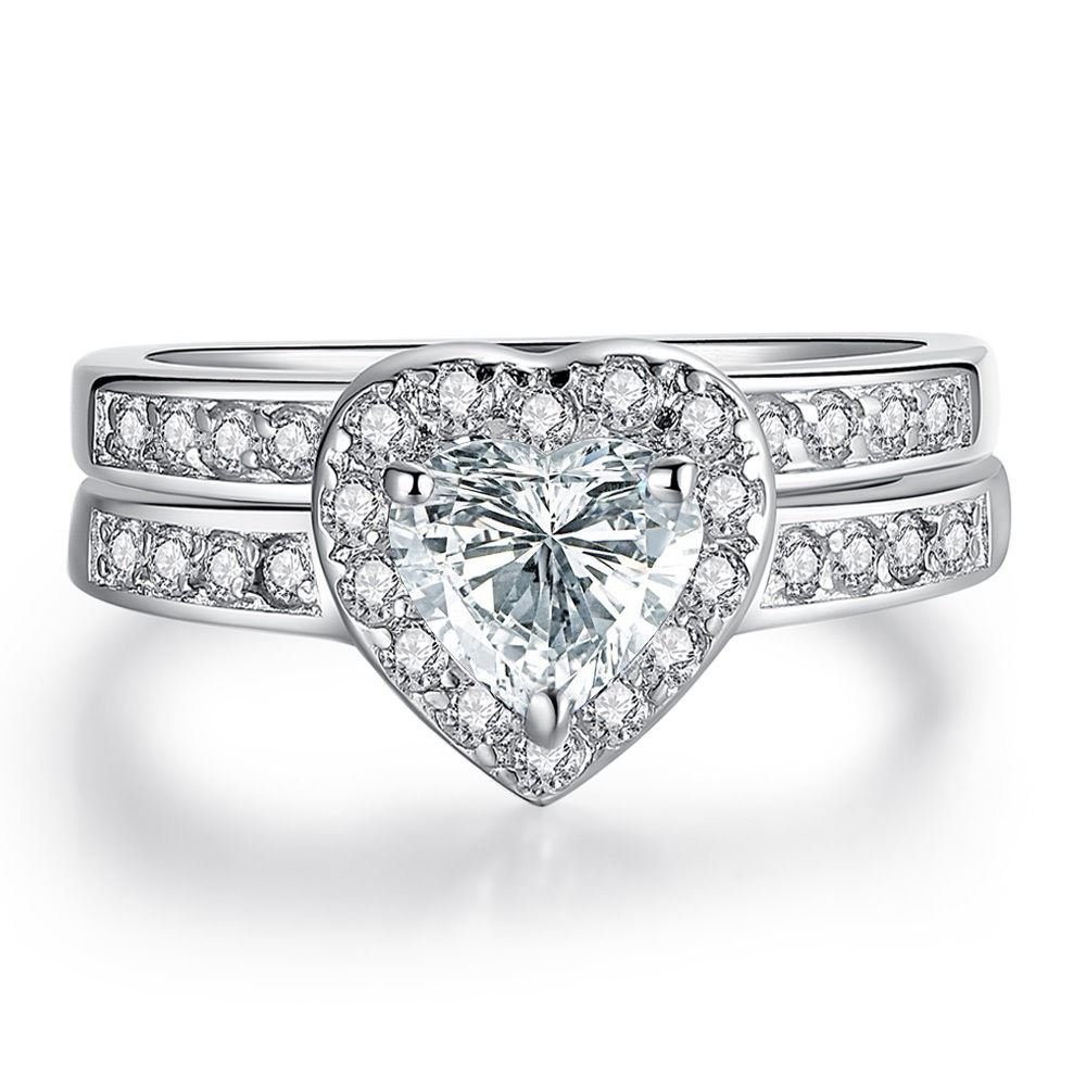 MABELLA Sterling Silver Cubic Zirconia Promise Rings Women Wedding Band Heart Engagement Ring Bridal Set