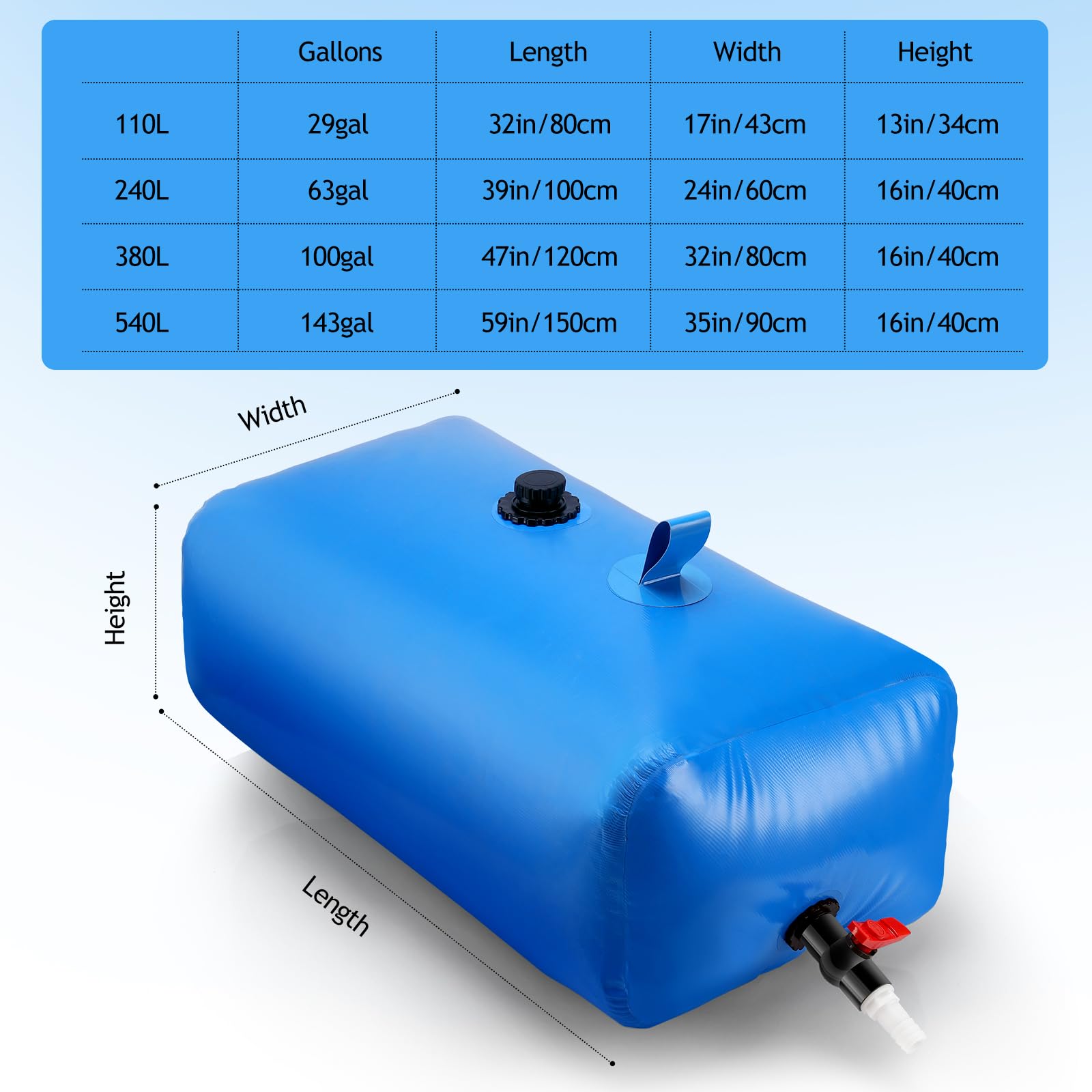 Large Capacity Water Storage Bladder, 110L/29gal Foldable Portable Water Tank Soft Water Bag, Drought Resistance Fire Protection Agricultural Irrigation Outdoor Emergency Water