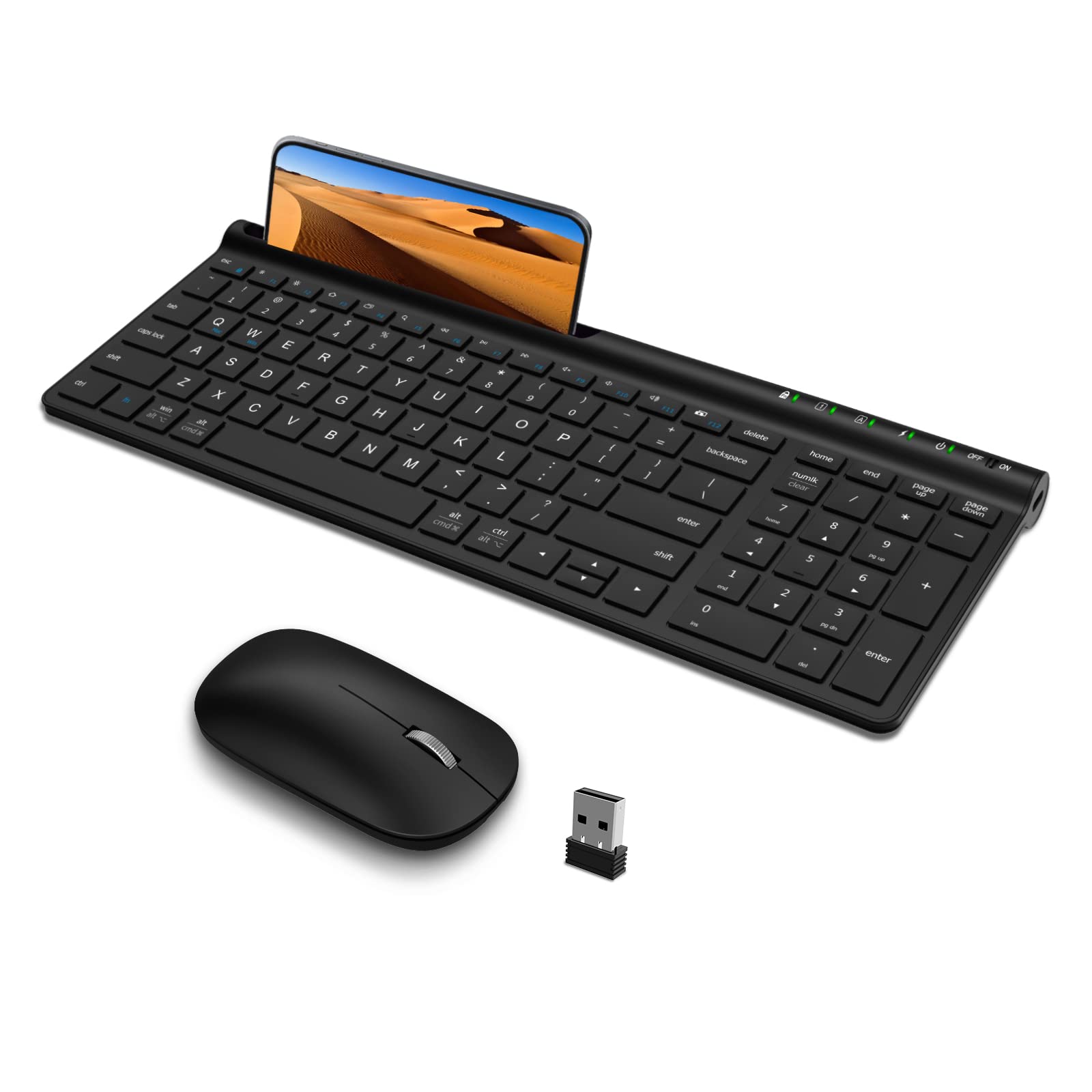 Wireless Keyboard and Mouse Combo Rechargeable, EDJO 2.4GHz Compact Wireless Keyboard with Phone Holder and 3 Level DPI Adjustable Wireless Mouse for Windows, Mac OS PC/Desktops/Computer/Laptops